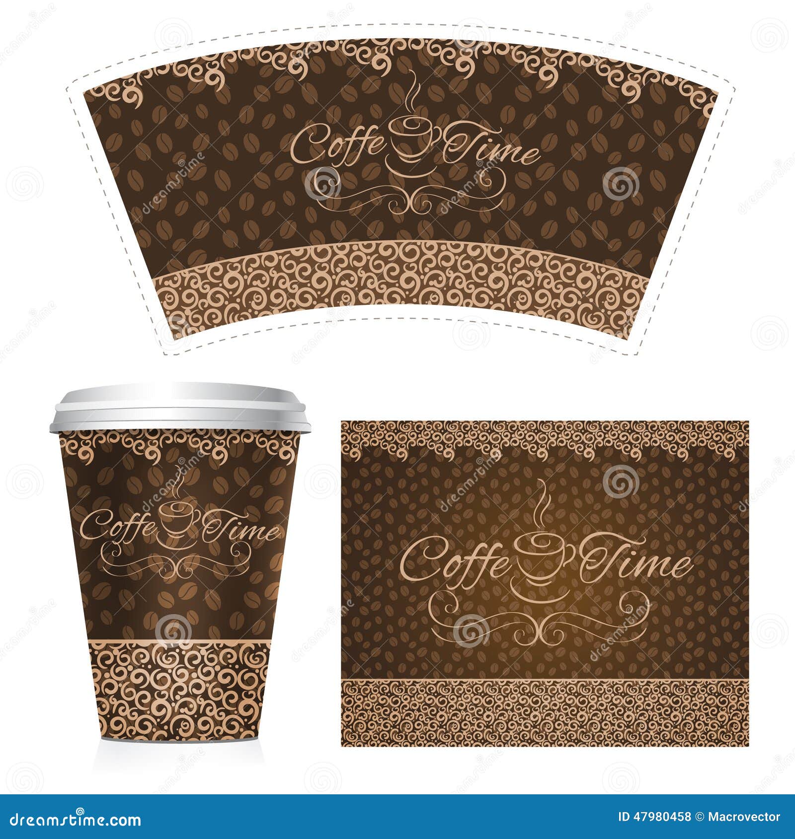 Coffee Paper Cup Set With Label. Brown Plastic Container For Drink ...