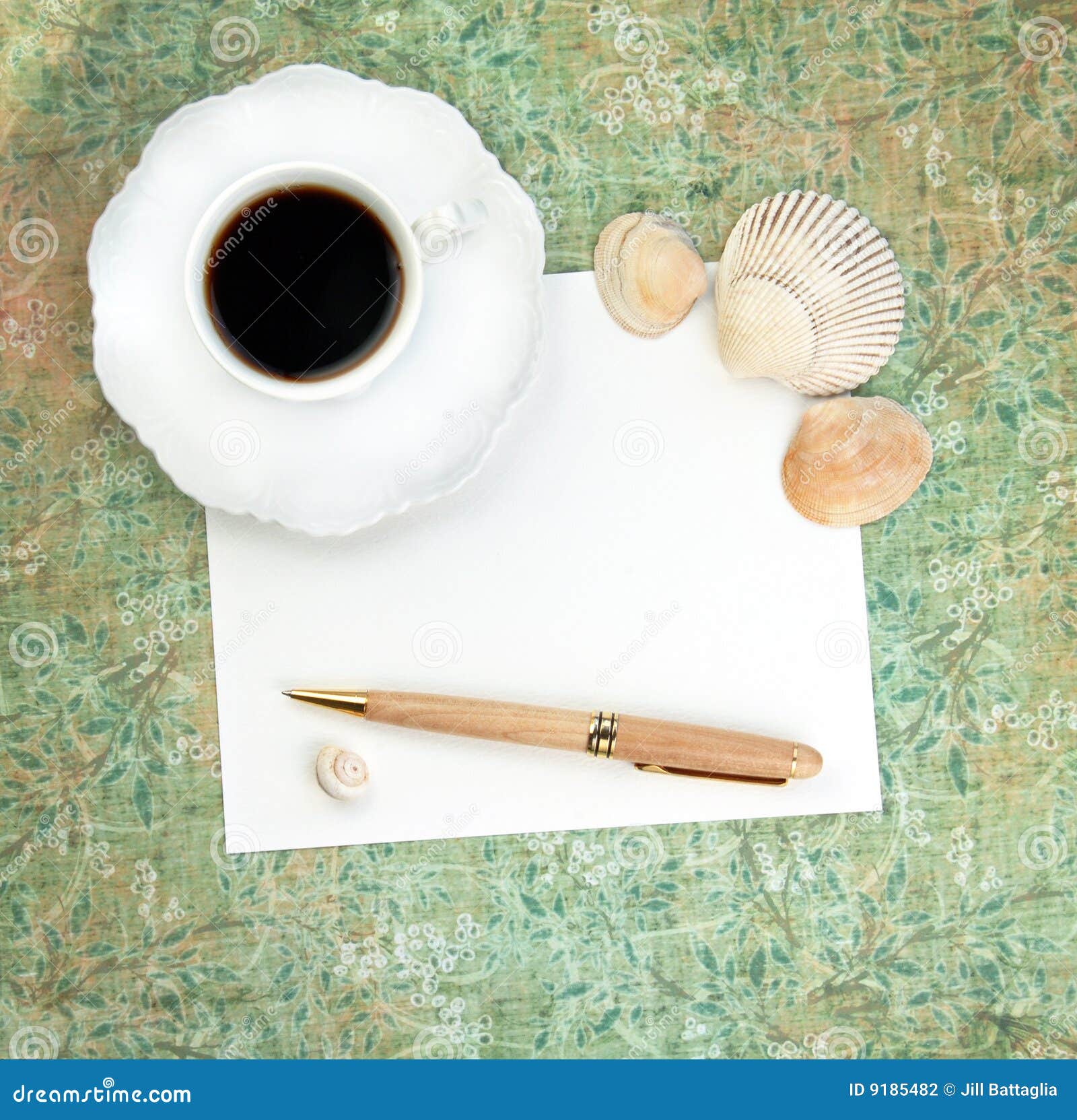 Coffee with Paper, Pen and Shells Stock Photo - Image of empty, break ...