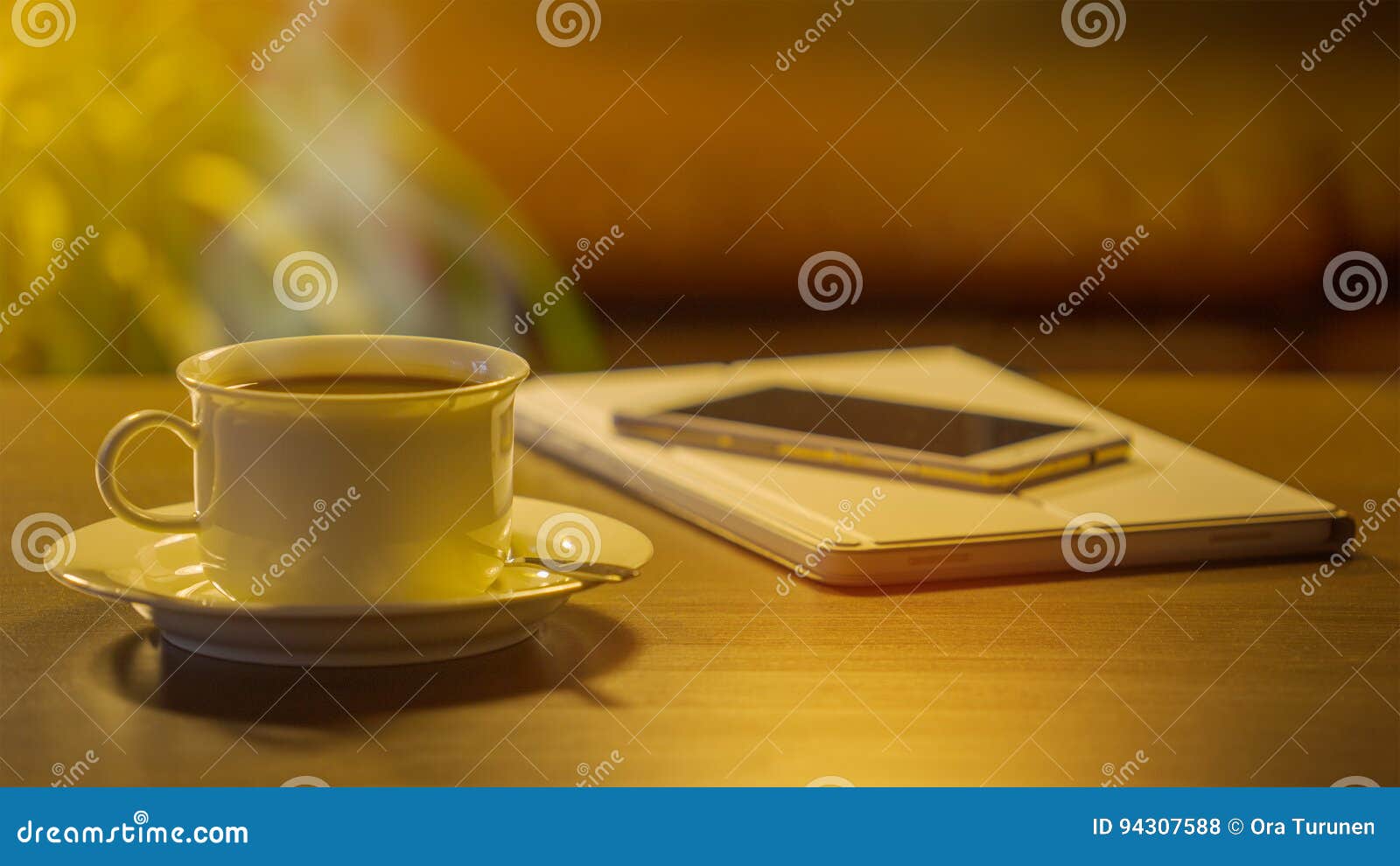 Coffee, Phone and Digital Tablet Stock Photo - Image of tree, white ...