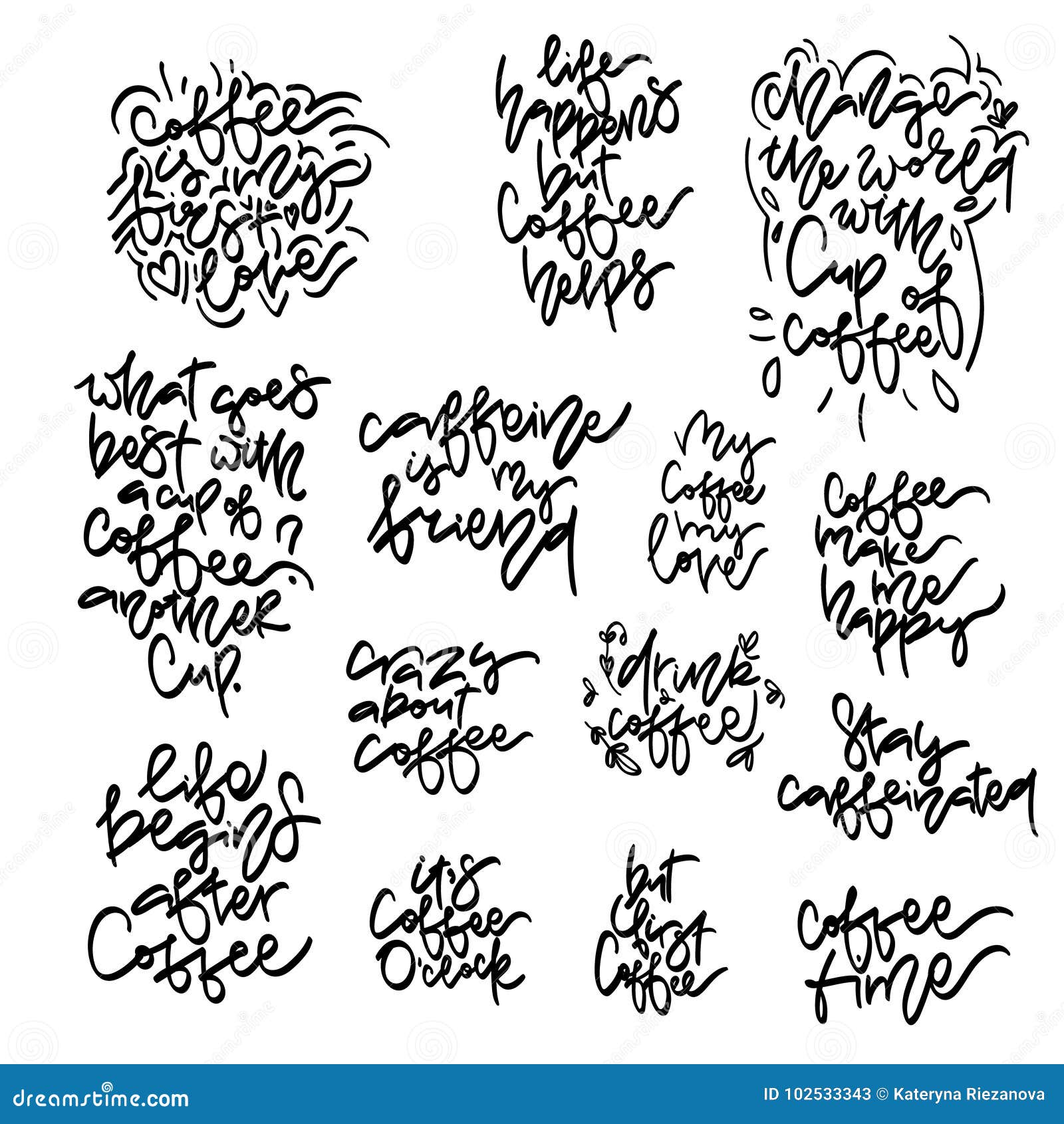 Coffee Phrases Hand Drawn Lettering Vector Set. Stock Vector ...