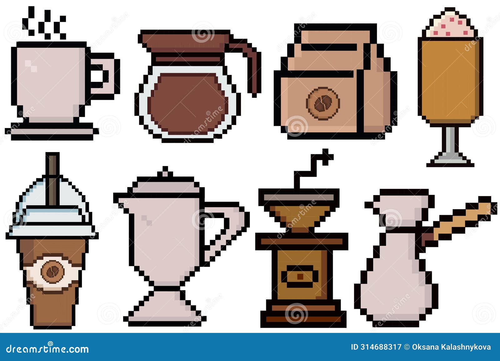 Coffee Pixel Art Set of Icons, Vintage 8 Bit, 80s, 90s Game Style Stock ...
