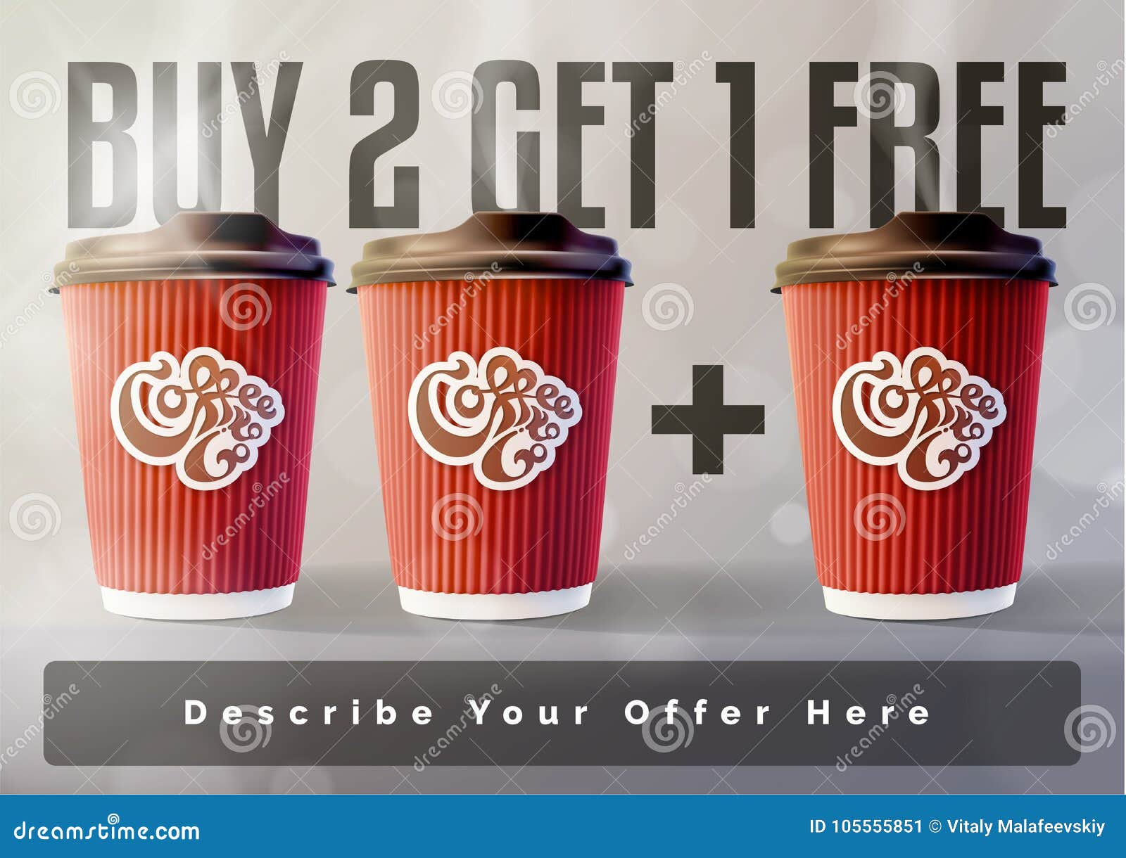 Coffee 2 Plus 1 Banner Concept Grey Background. Vector EPS10 Stock ...