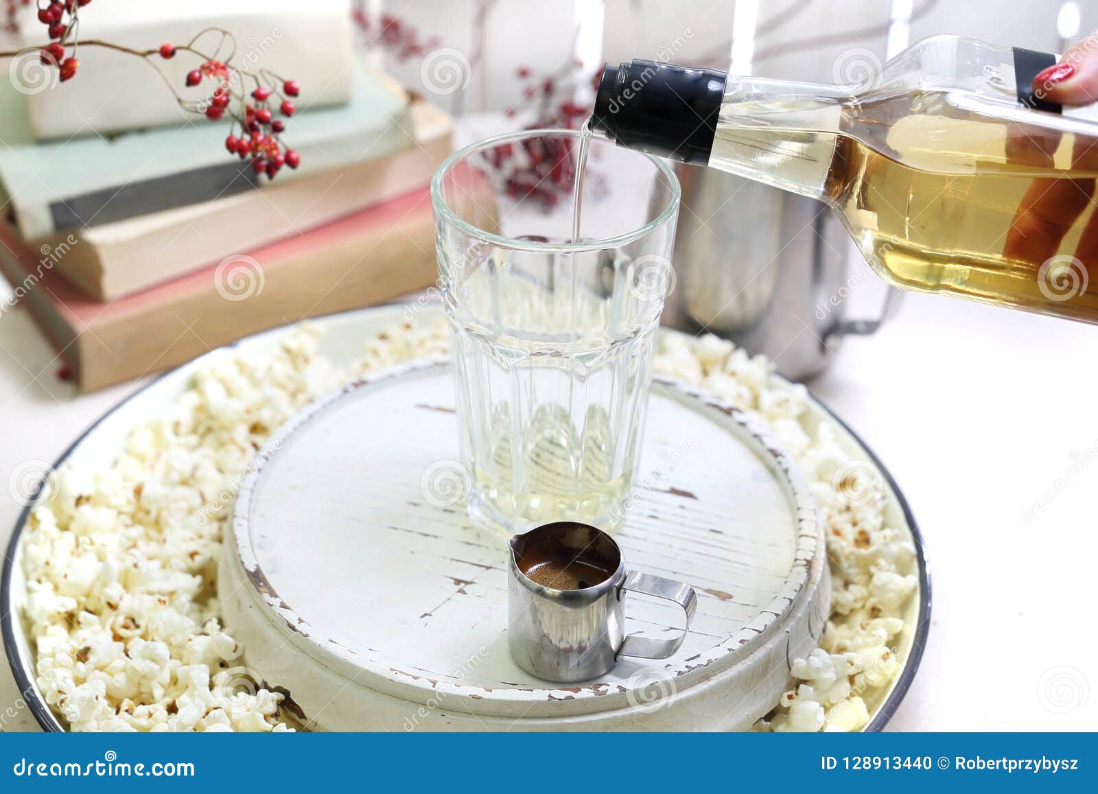 Coffee with popcorn. stock photo. Image of barista, latte - 128913440