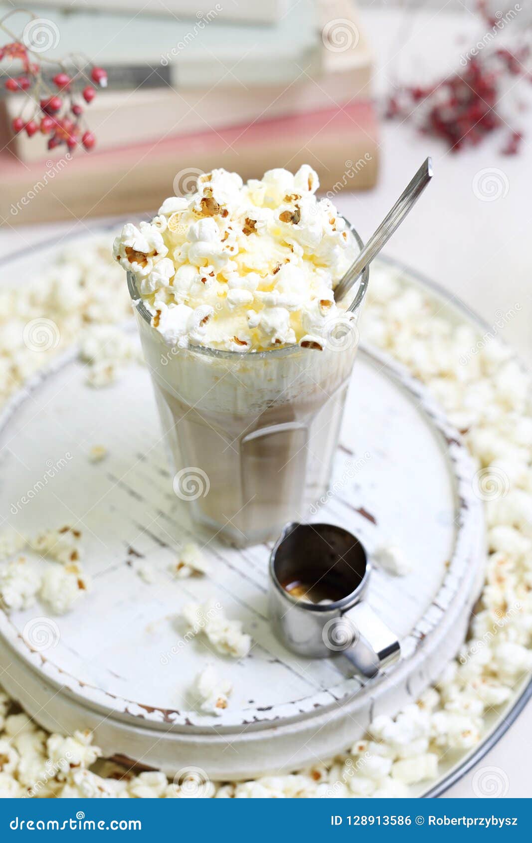 Coffee with popcorn. stock photo. Image of macchiato - 128913586