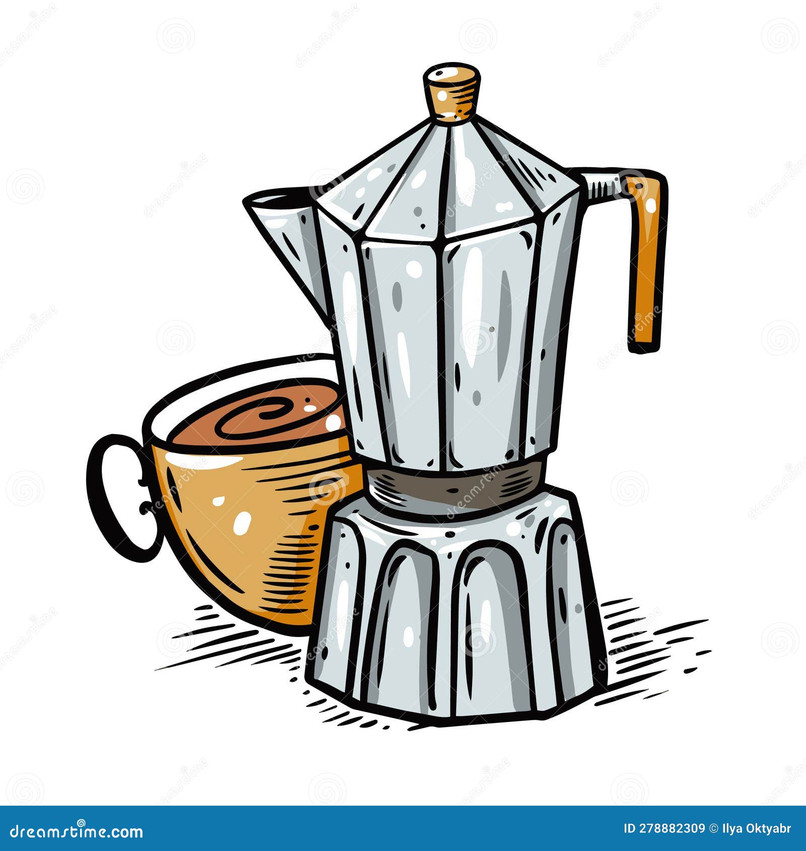 Coffee Pot and Cup Hand Drawn Colorful Vector Stock Vector ...