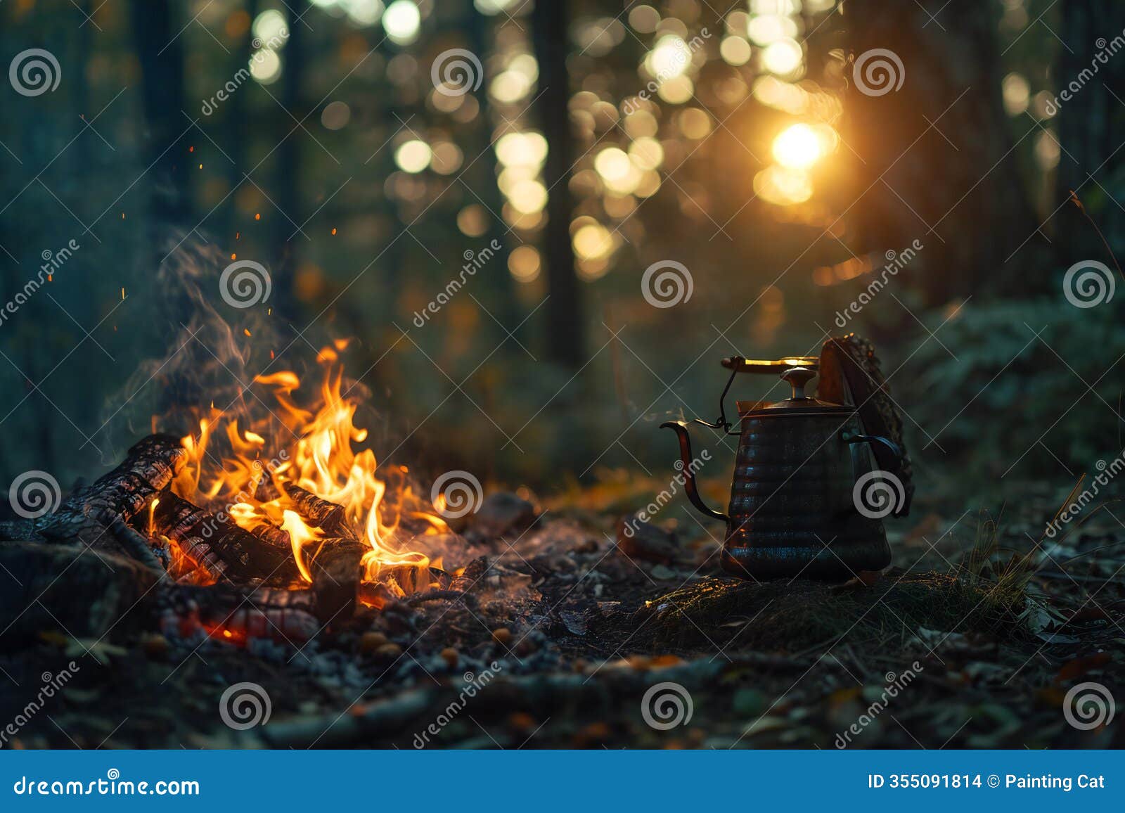 Coffee Pot on a Fire in the Forest at Sunset Stock Illustration ...