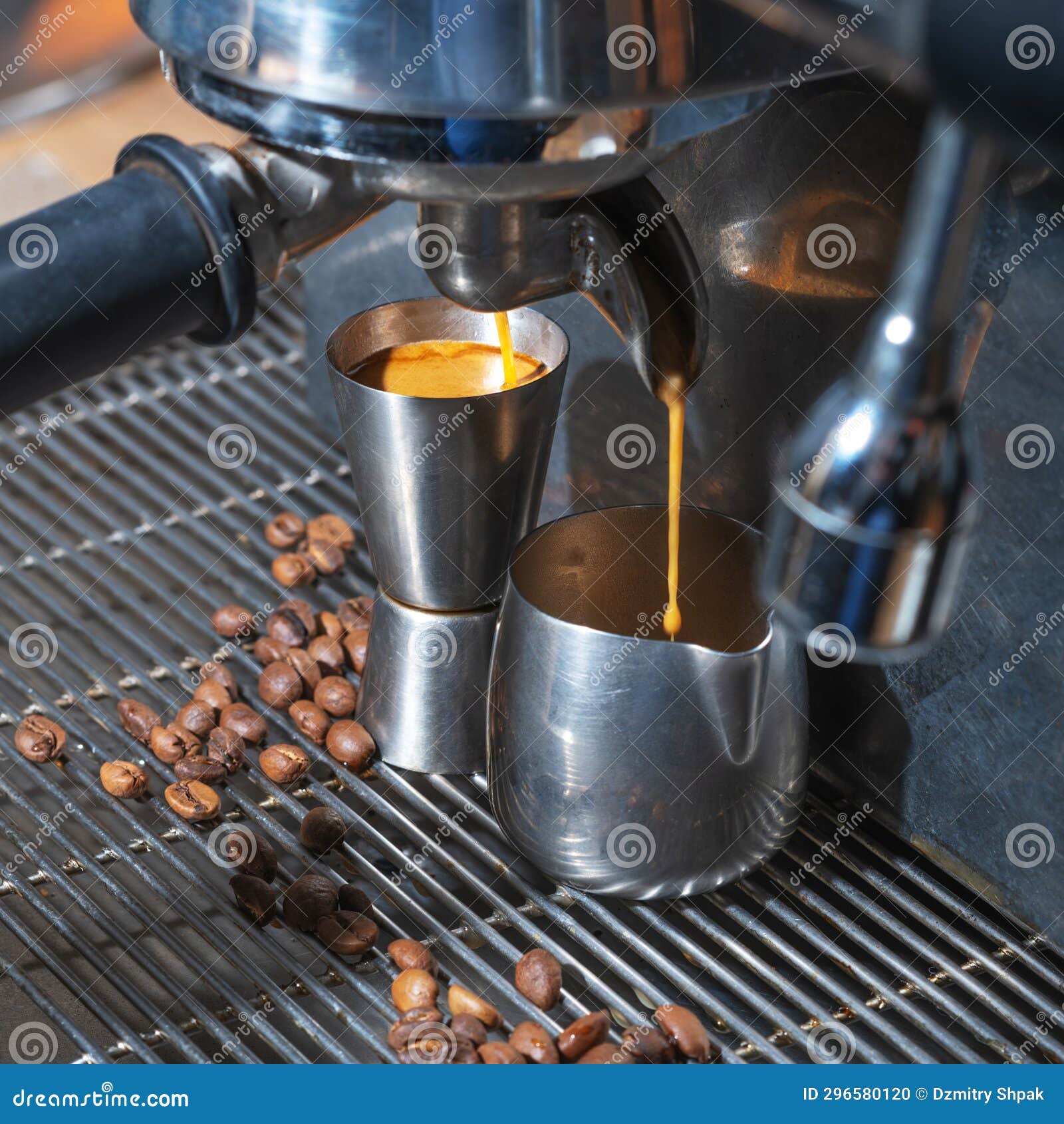 Coffee Poured into Steel Pitcher from Machine in Cafe Stock Photo ...