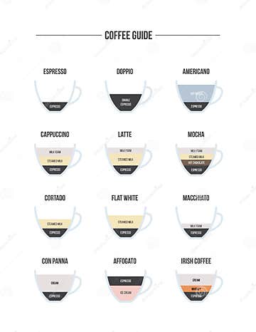 Coffee Preparation Guide with Drinks Names Cartoon Isolated Vector ...
