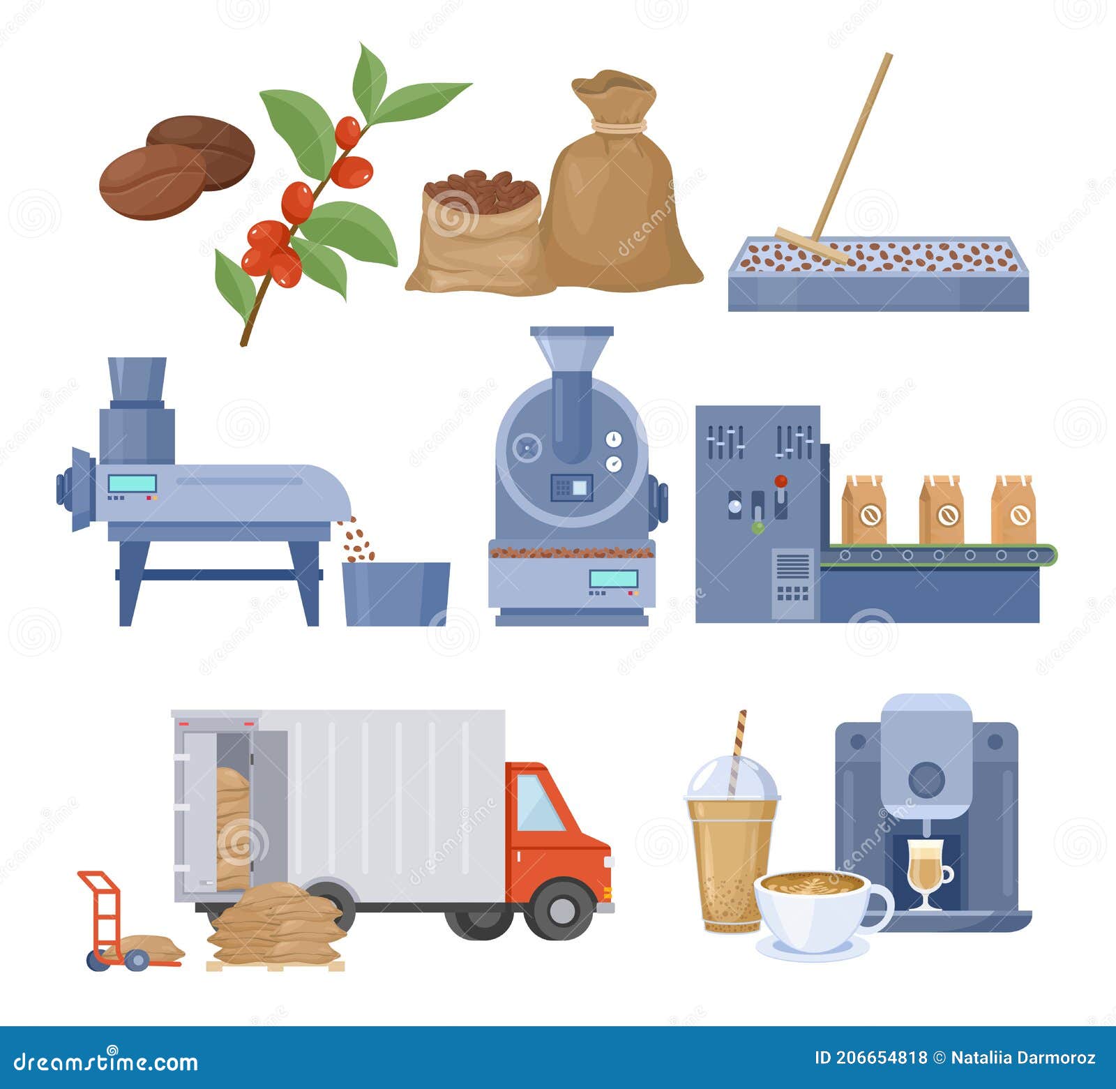 Coffee Production Vector Illustration Set. Processing And Roasting ...