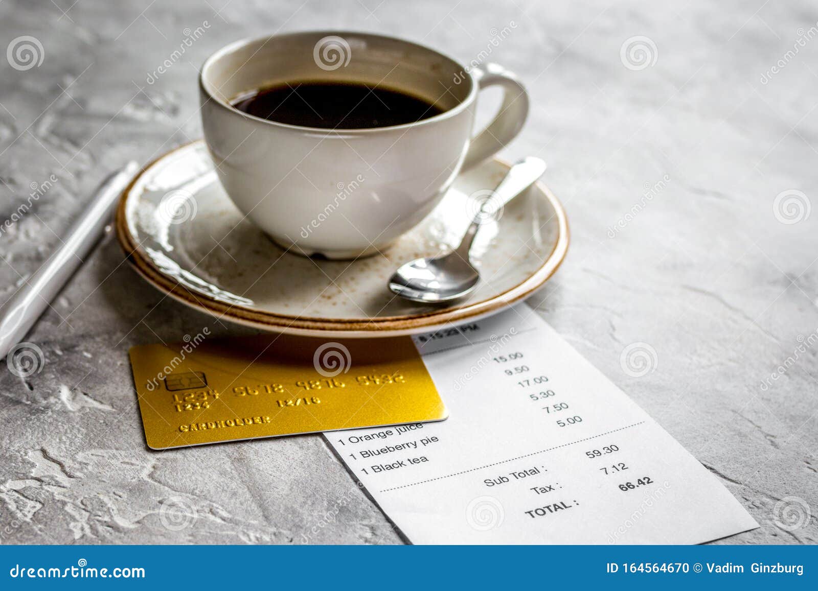 Coffee And Receipt Bill For Payment By Credit Card On Dark Table ...