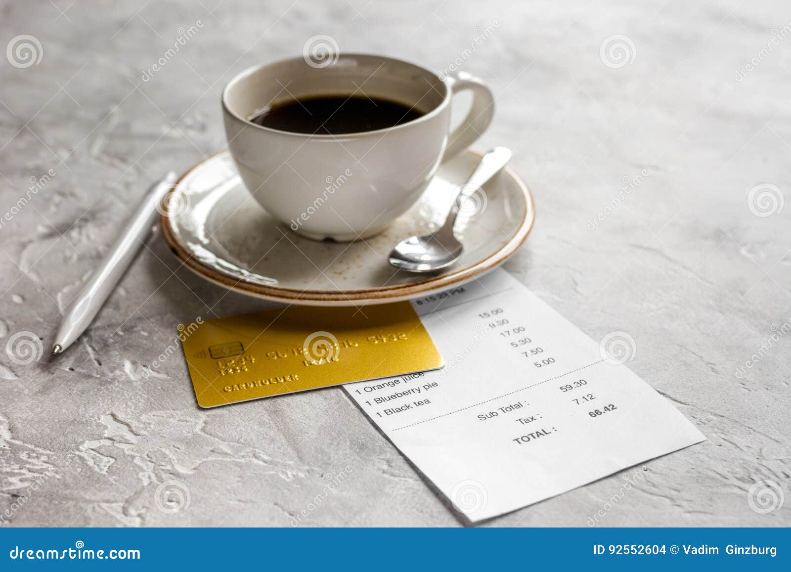 Coffee And Receipt Bill For Payment By Credit Card On Dark Table ...