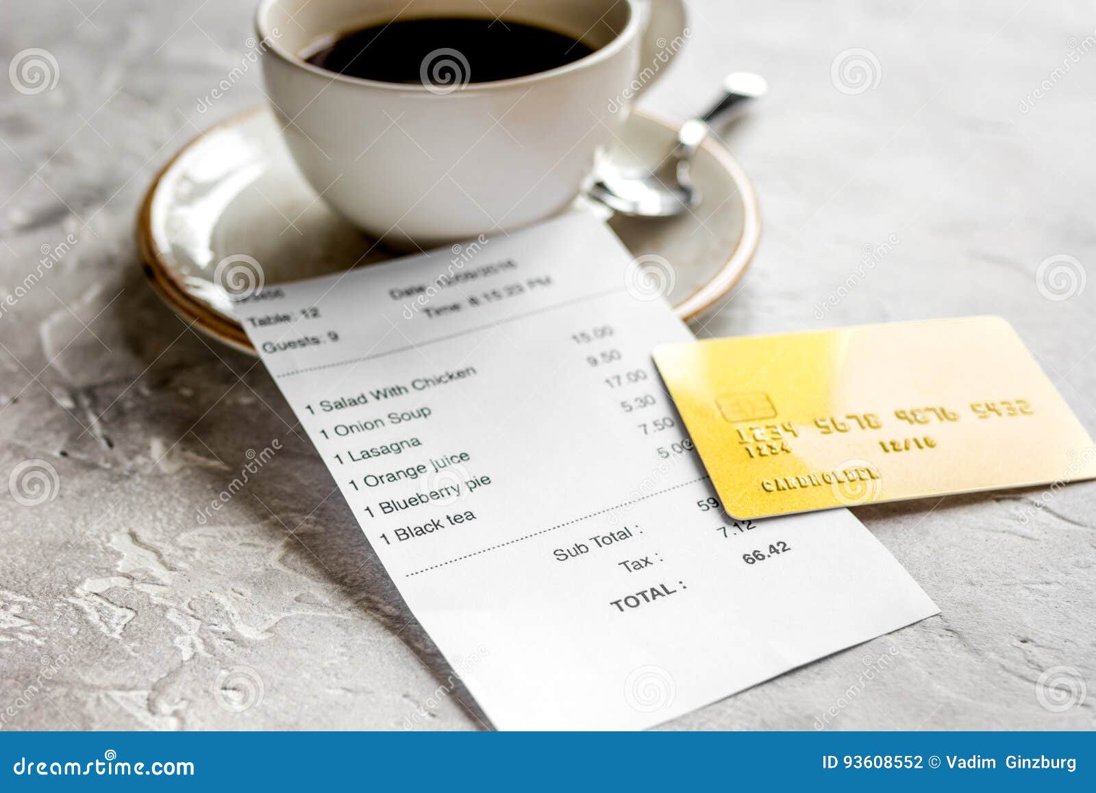 Coffee and Receipt Bill for Payment by Credit Card on Stone Table ...