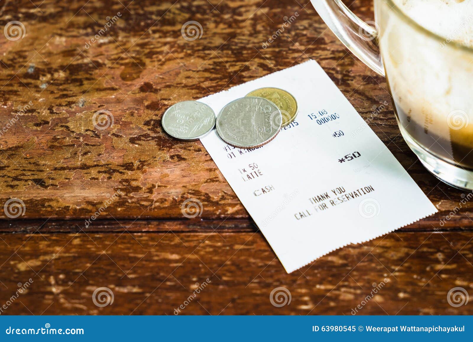 Coffee And Receipt Bill For Payment By Credit Card On Dark Table ...