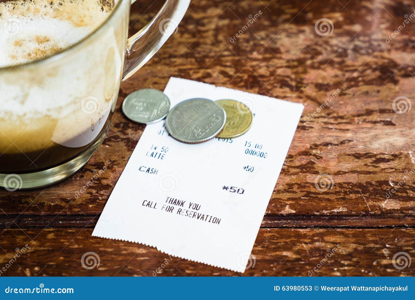 Coffee And Receipt Bill For Payment By Credit Card On Wooden Table ...
