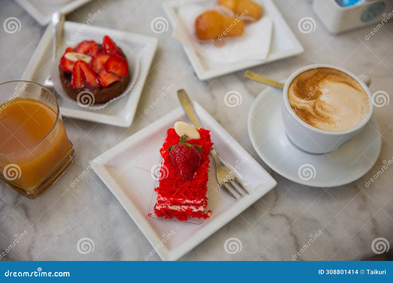 Coffee and Red Velvet Cake with Strawberry Stock Photo - Image of ...