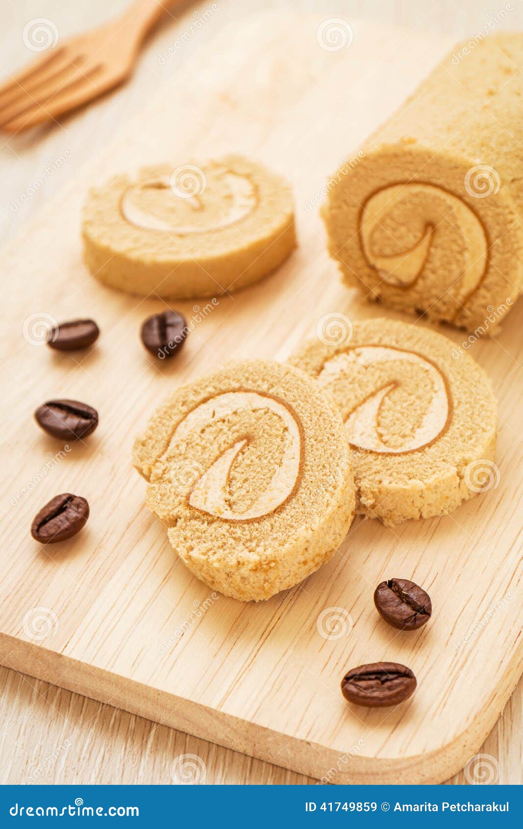 Coffee Roll Cake on Wooden Board Stock Image - Image of bakery, dessert ...