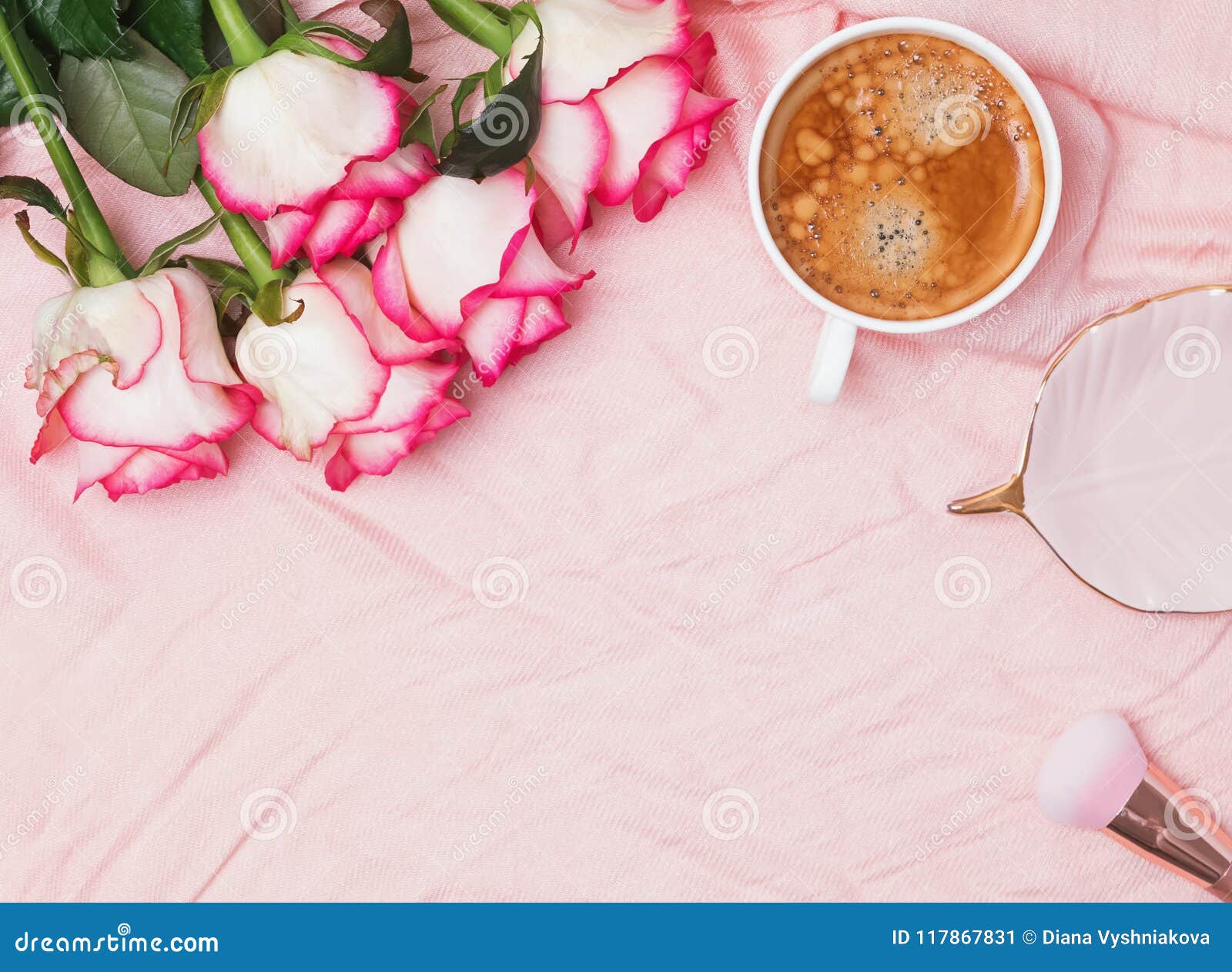 Coffee And Roses On The Pink Cloth Background Stock Image - Image of ...