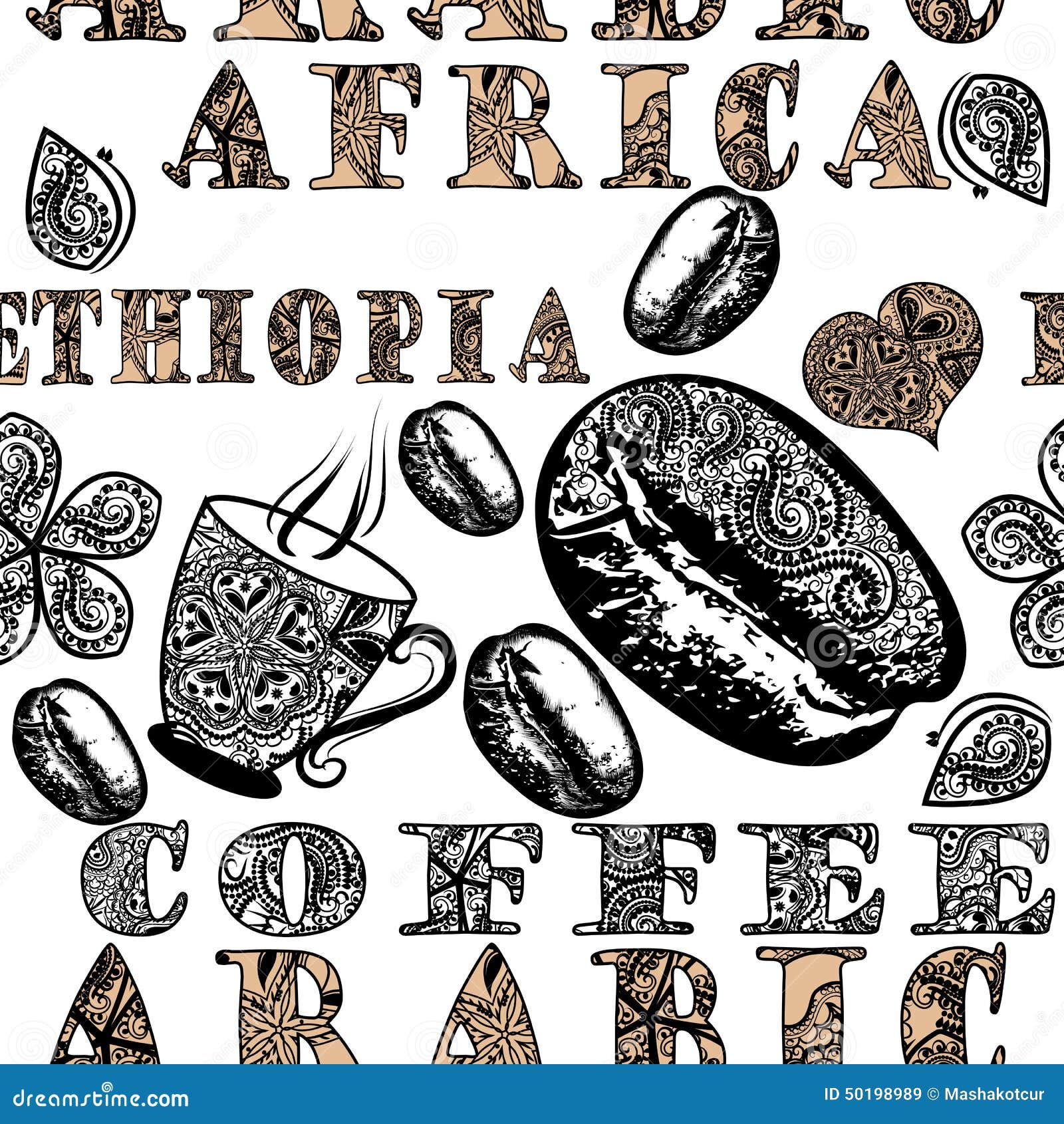 Coffee Seamless Pattern with Ethnic African Ornament, Coffee Grains and ...