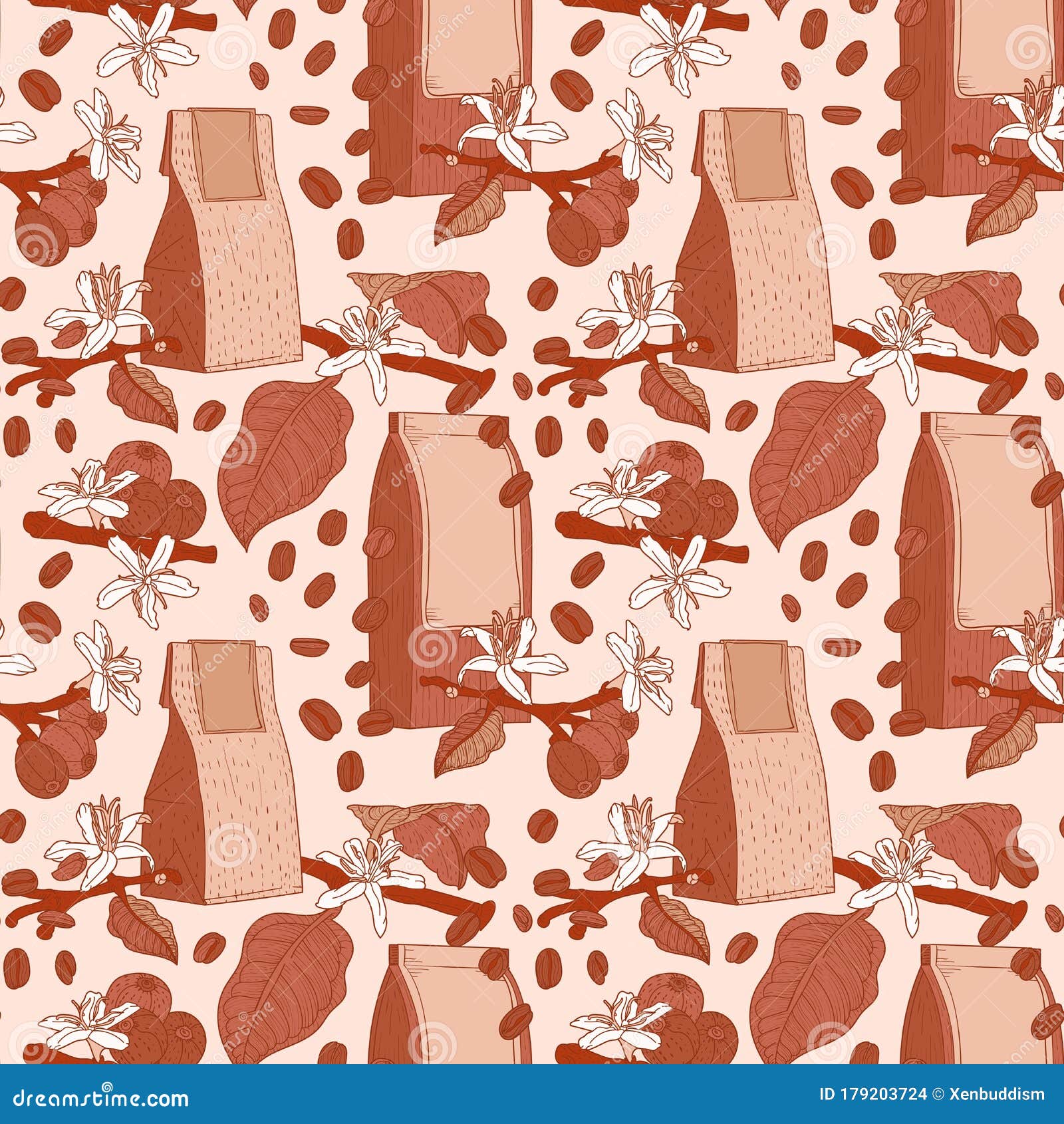 Coffee Seamless Pattern with Packs, Flowers and Branches Stock ...