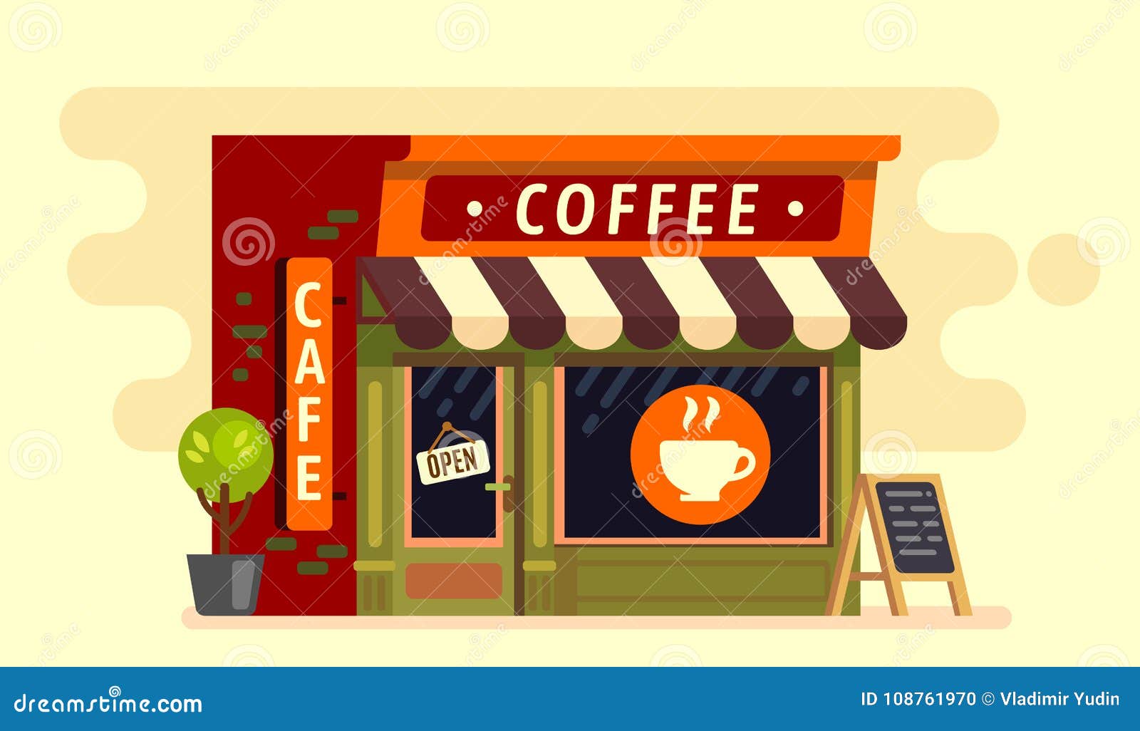 Cafe Building Facade With Outdoor Street Chair Seats And Table. Flat ...