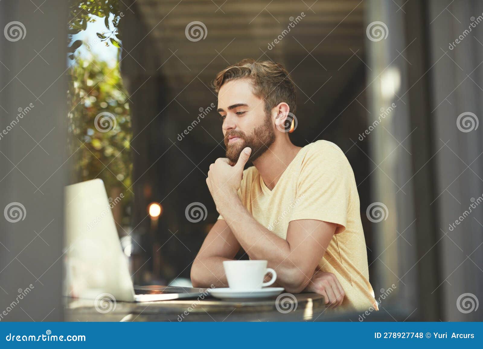 Coffee Shop Laptop, Man and Thinking of Project Idea, Research Report ...