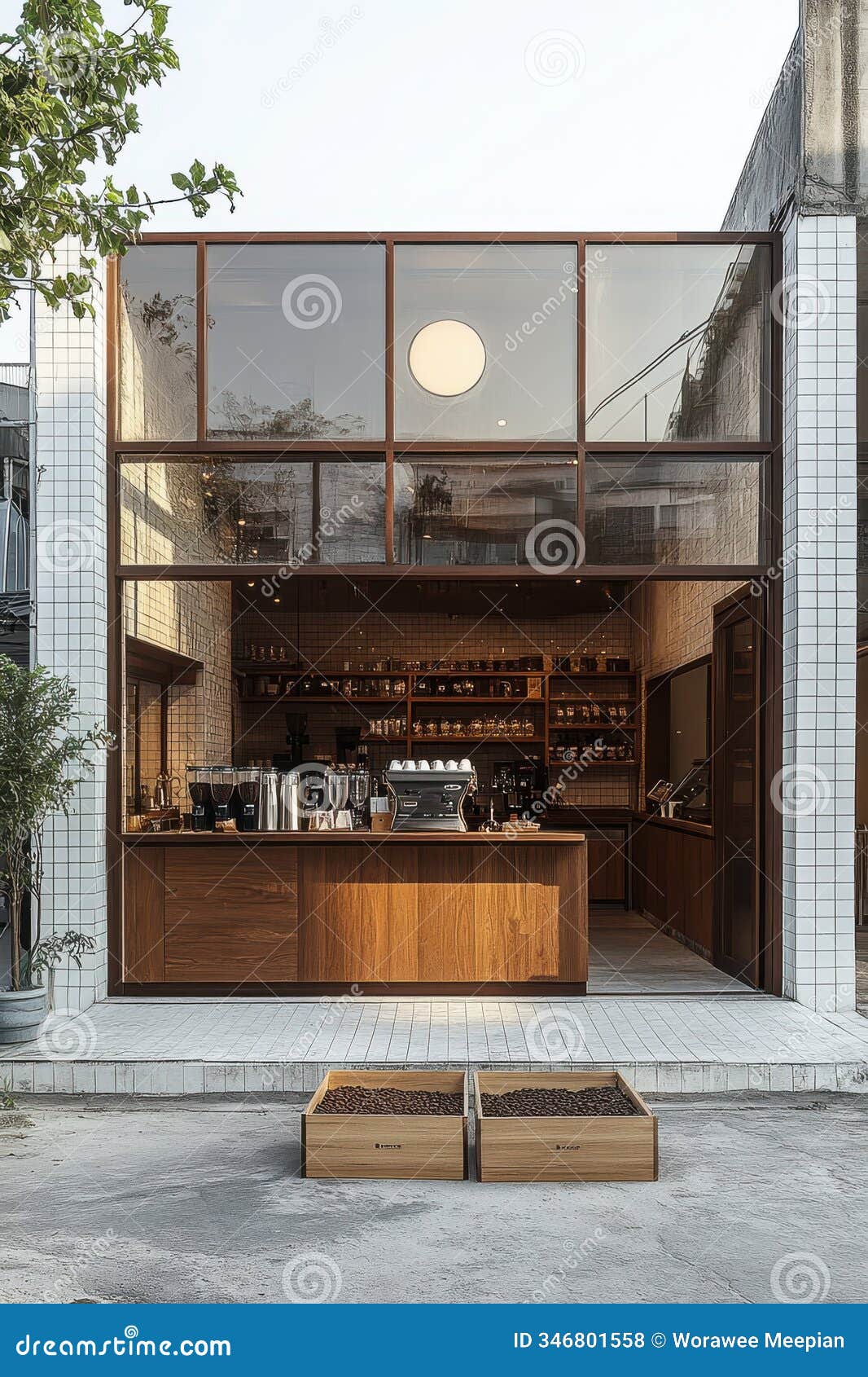 A Coffee Shop with a Large Window and Wooden Counters Stock Photo ...