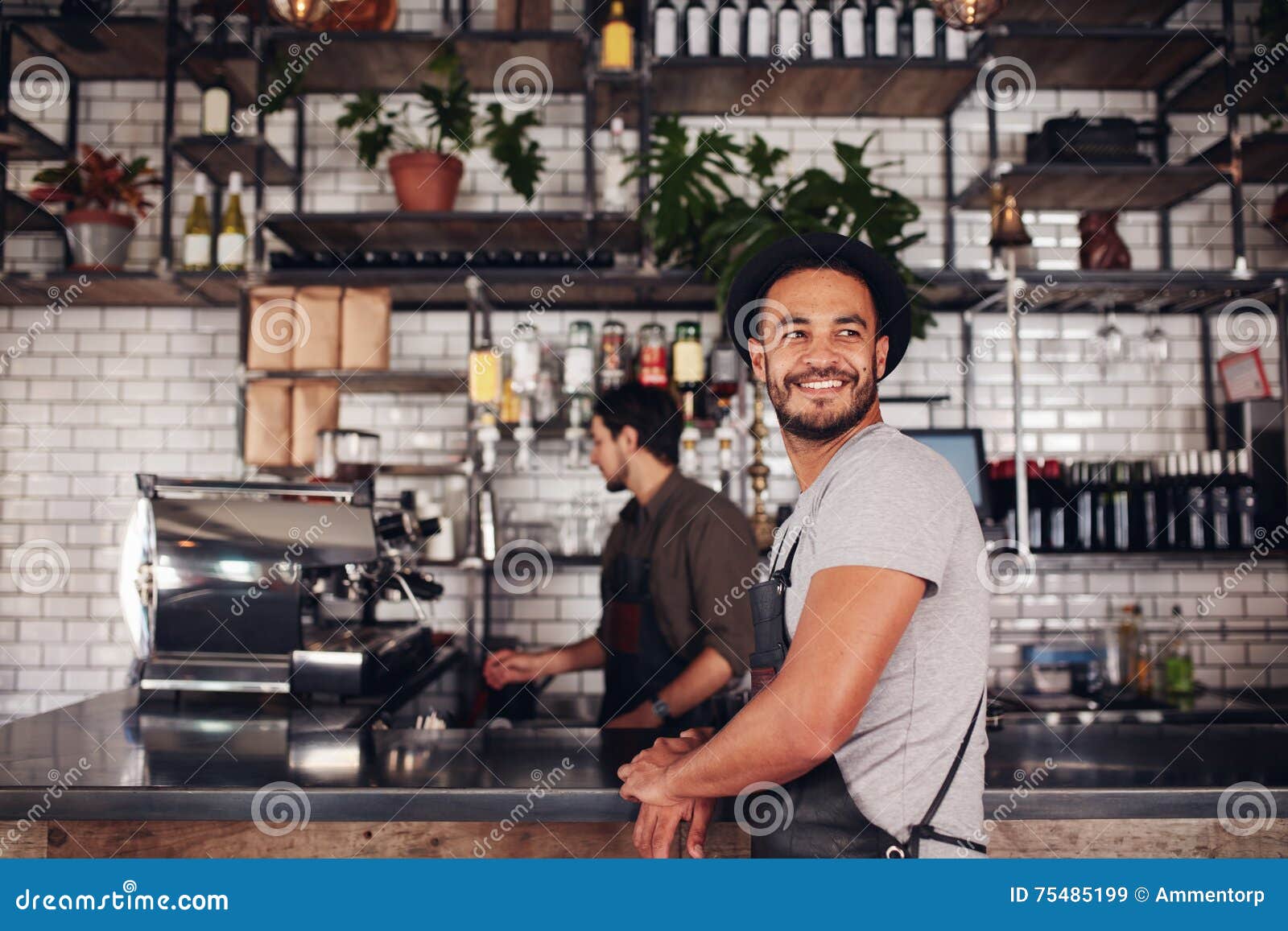 Coffee Shop Owner with Barista Working in Behind Stock Image - Image of ...