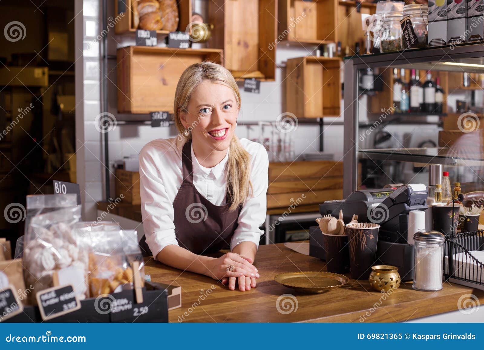 Coffee Shop Owner Standing Behind the Counter Stock Image - Image of ...
