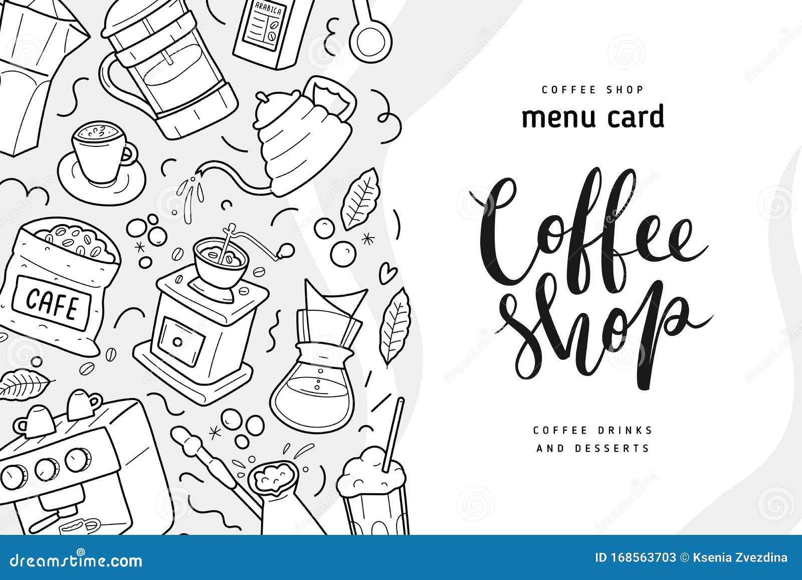 Coffee Shop Vector Banner with Lettering, Outline Simple Illustrations ...