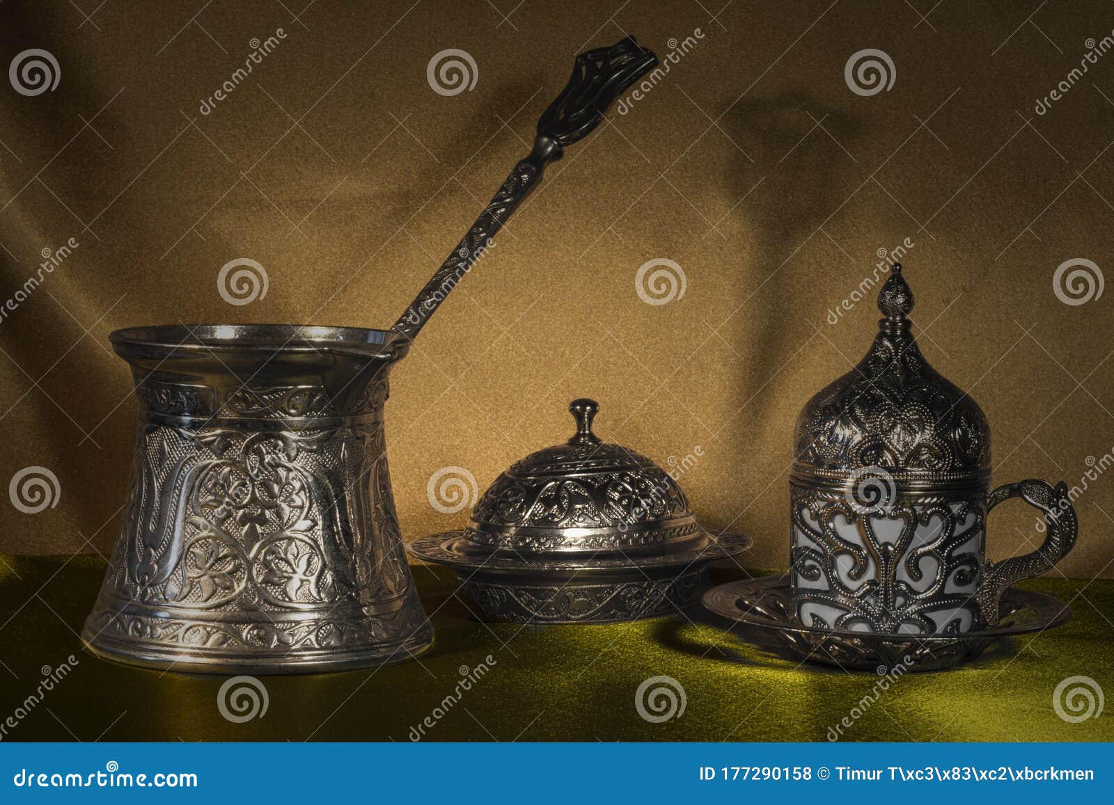 Turkish Coffee Coffee and Silver Coffee Pot Ottoman Design Stock Photo ...