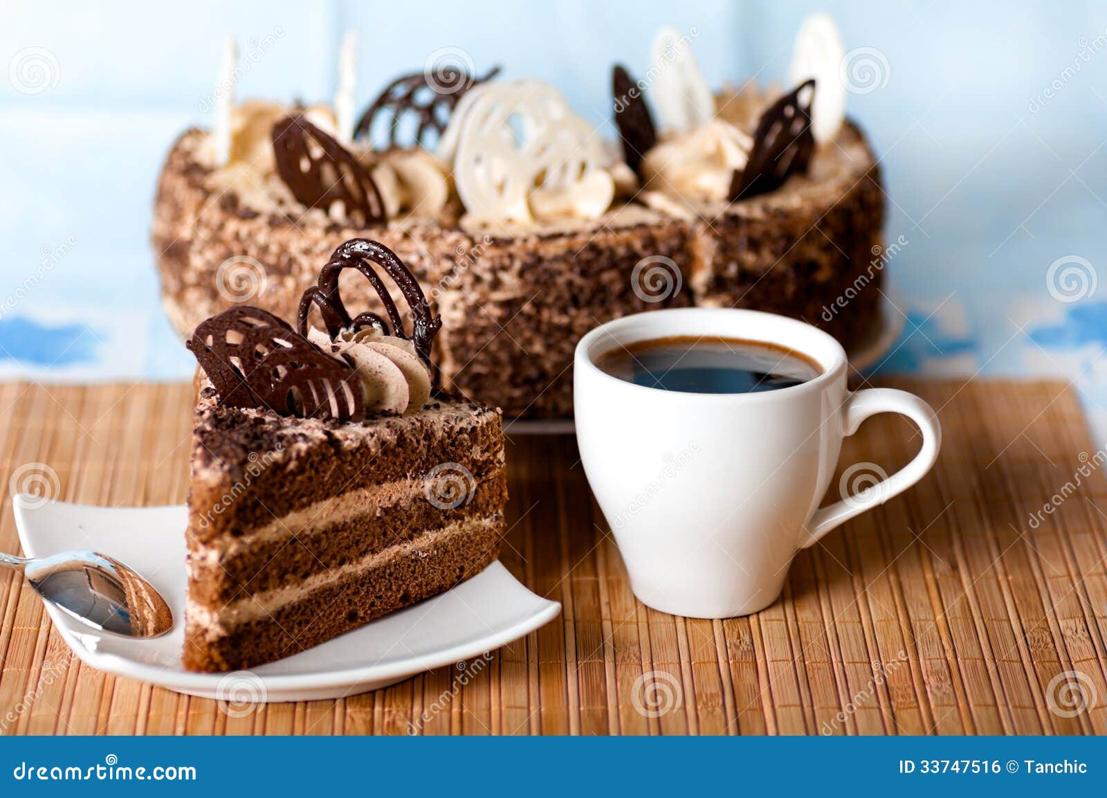 Coffee ,a Slice of Cake on the Plate Stock Photo - Image of sliced ...
