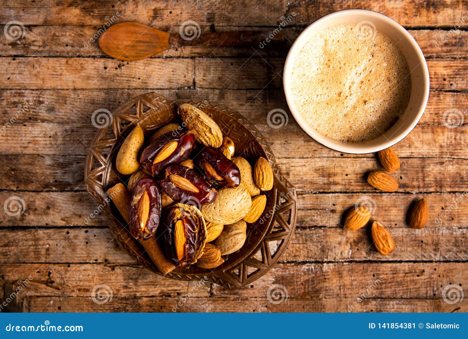 Coffee and Snacks on a Table Top View Stock Image - Image of dates ...