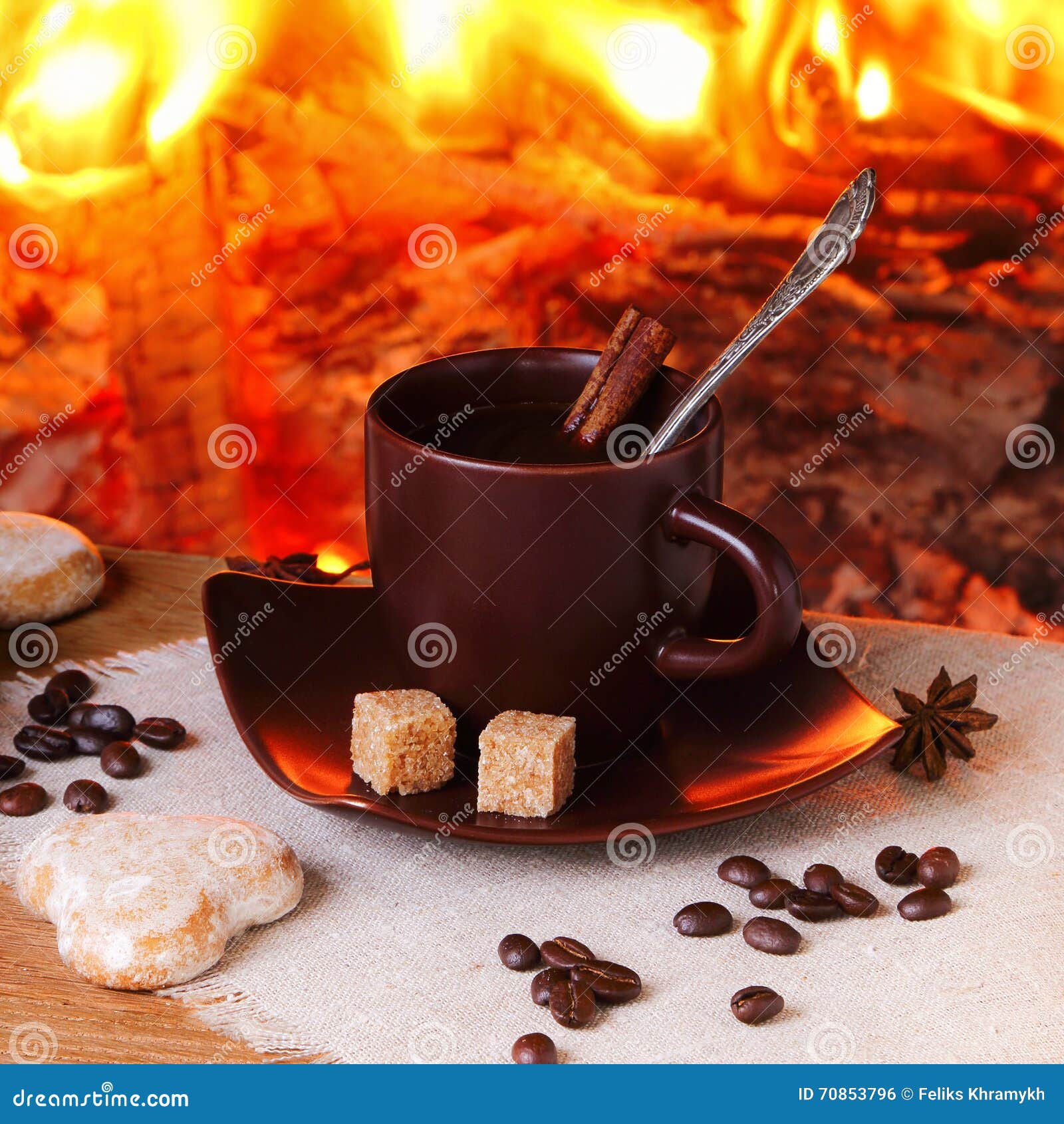 Coffee with Spices and Cakes on the Background of a Burning Fire Stock ...