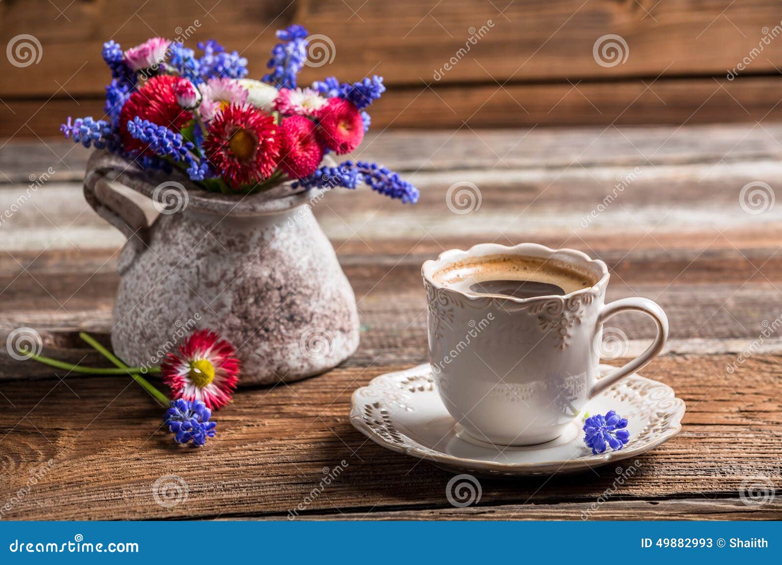 Coffee and spring flowers stock image. Image of flower - 49882993