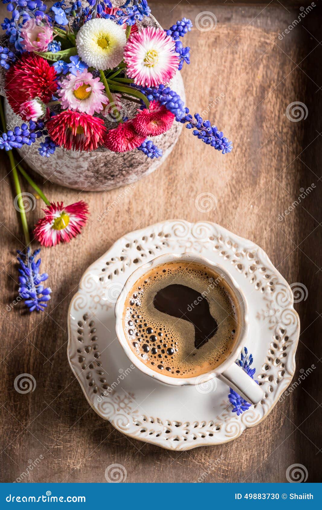 Coffee and spring flowers stock photo. Image of porcelain - 49883730