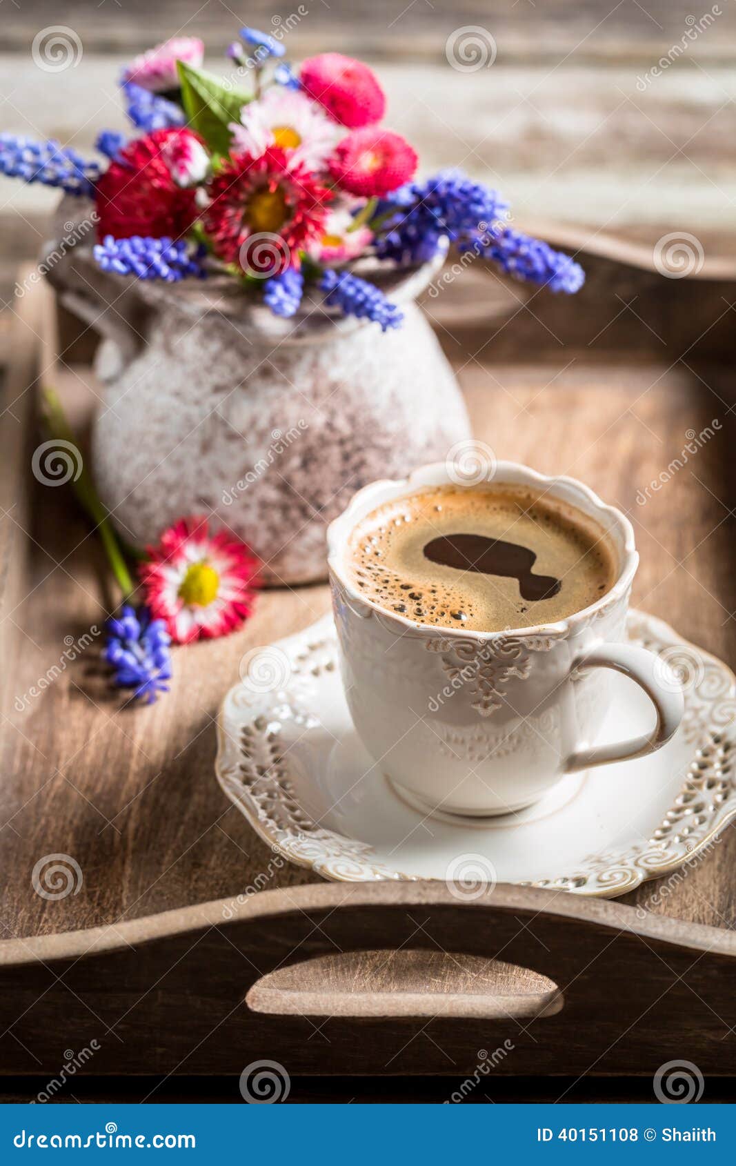 Coffee and Spring Flowers on Wooden Tray Stock Photo - Image of green ...