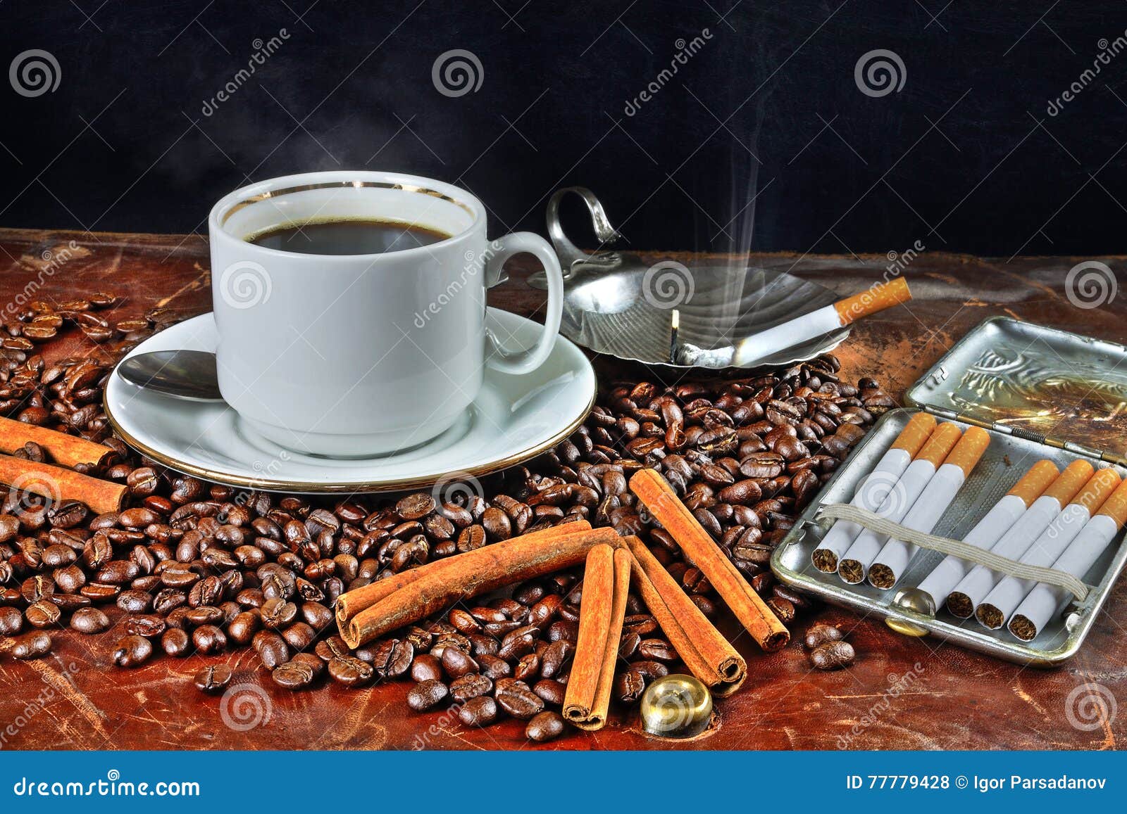 Coffee Still Life with a Cigarette Case and Cigarettes Stock Photo ...