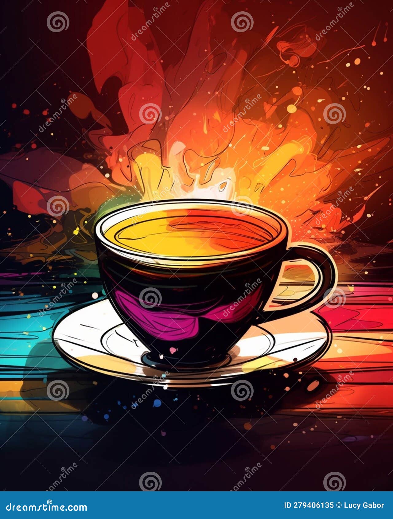 Coffee Still Life Illustration, Drawing in Vibrantly Colors Stock ...