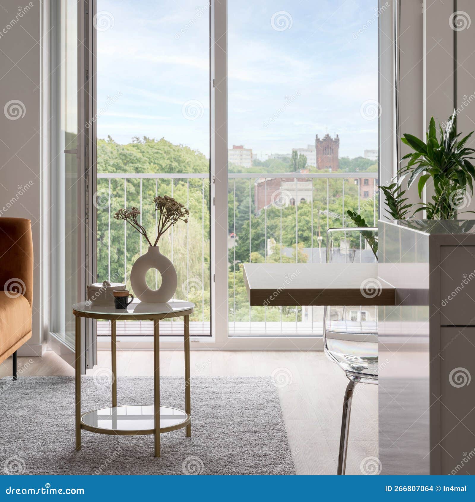 Coffee Table in Room with Balcony Doors Open Stock Photo - Image of ...