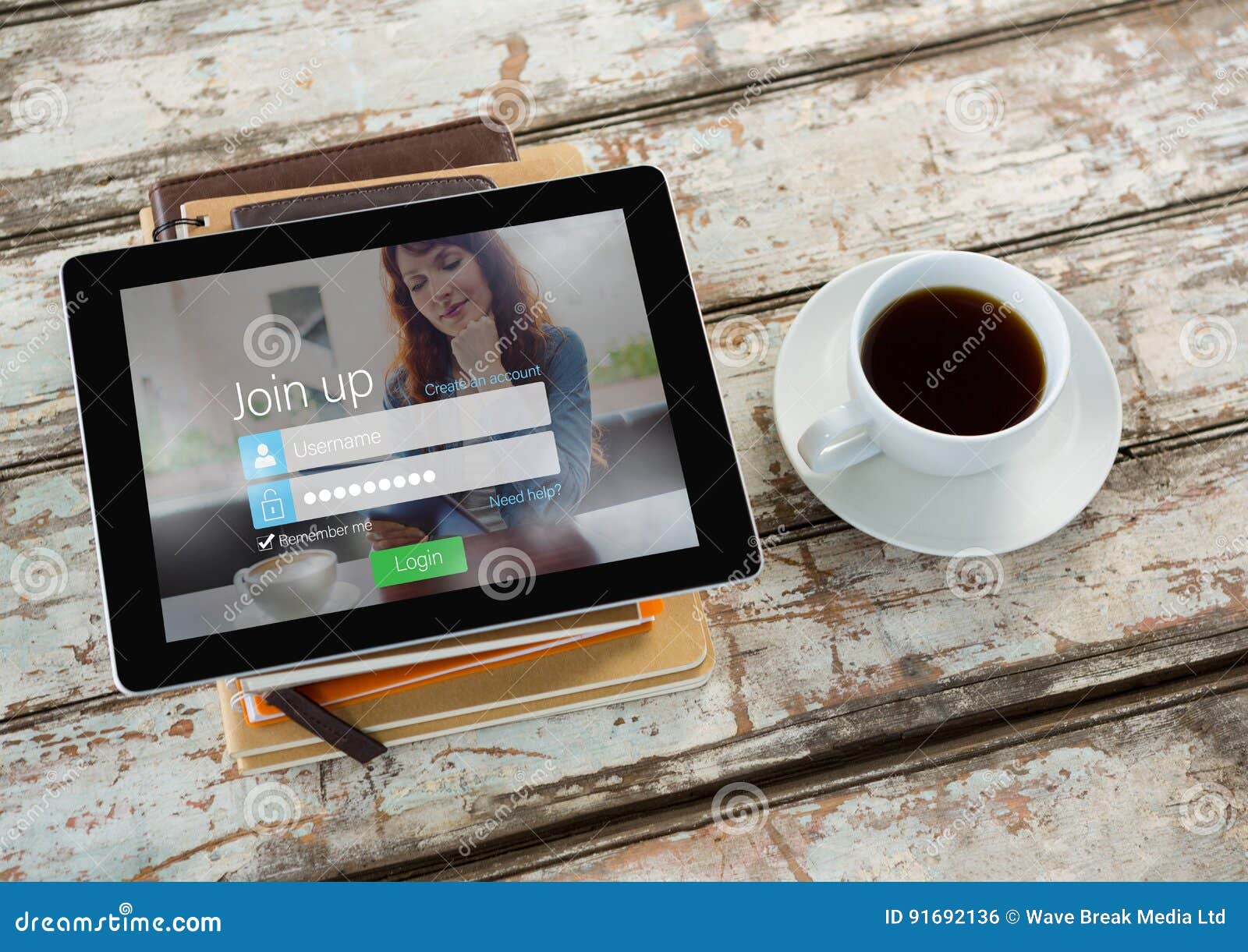 Coffee with Tablet and Books. Log in on the Screen Stock Photo - Image ...