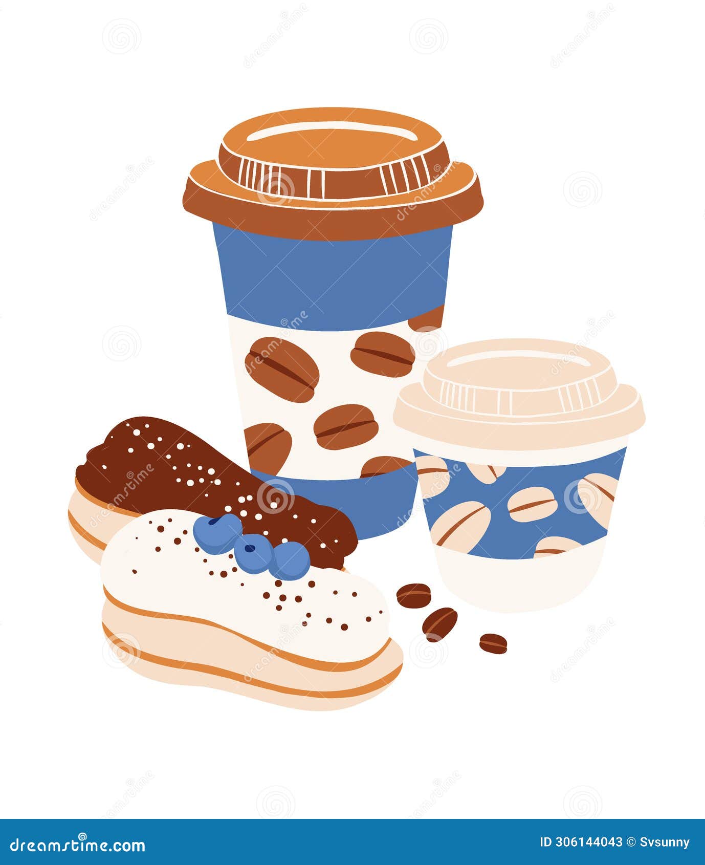 Coffee Takeaway Cups with Eclair Vector Illustration in Blue and Beige ...