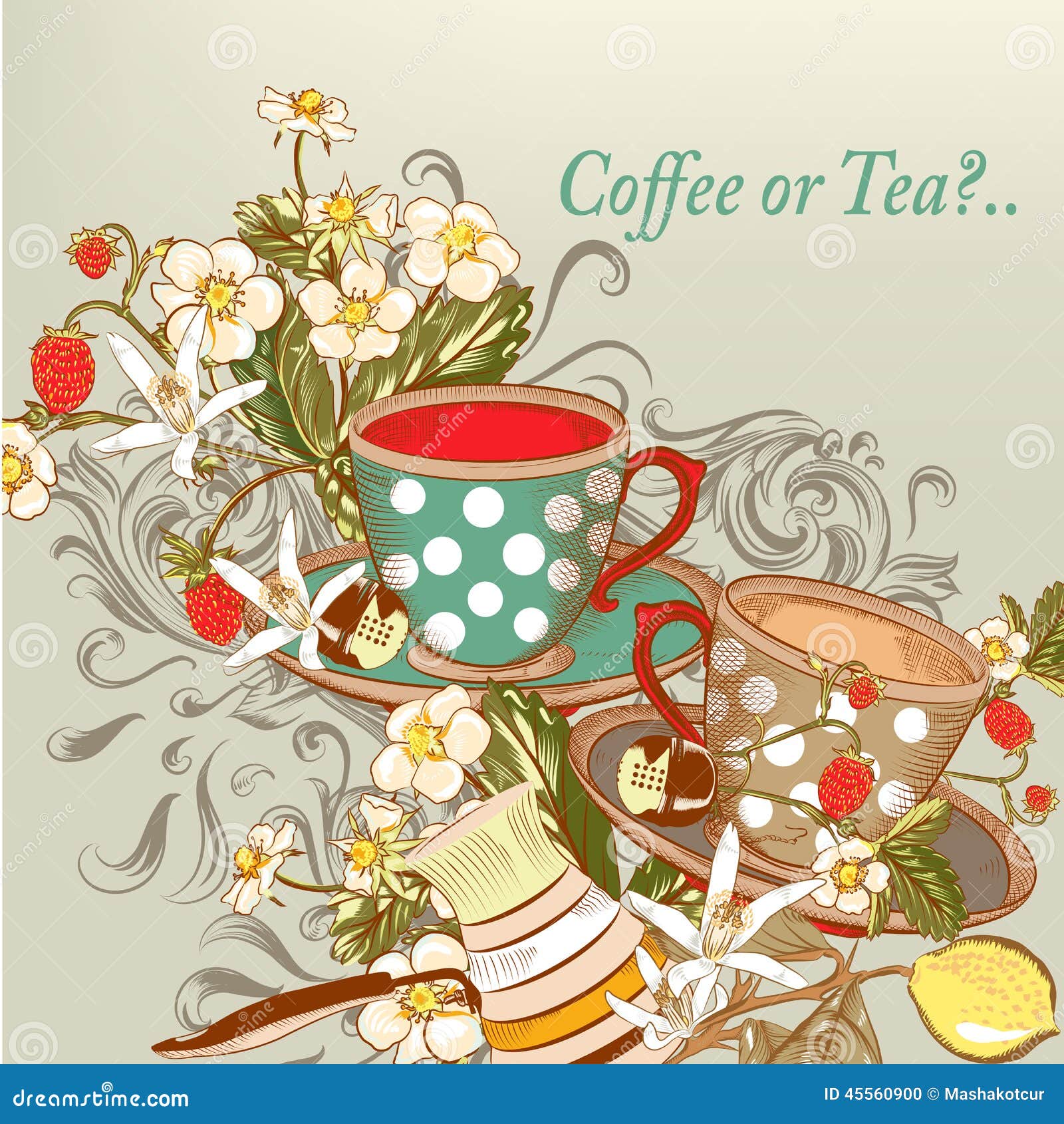 Coffee or Tea Background with Hand Drawn Cups in Vintage Style Stock ...