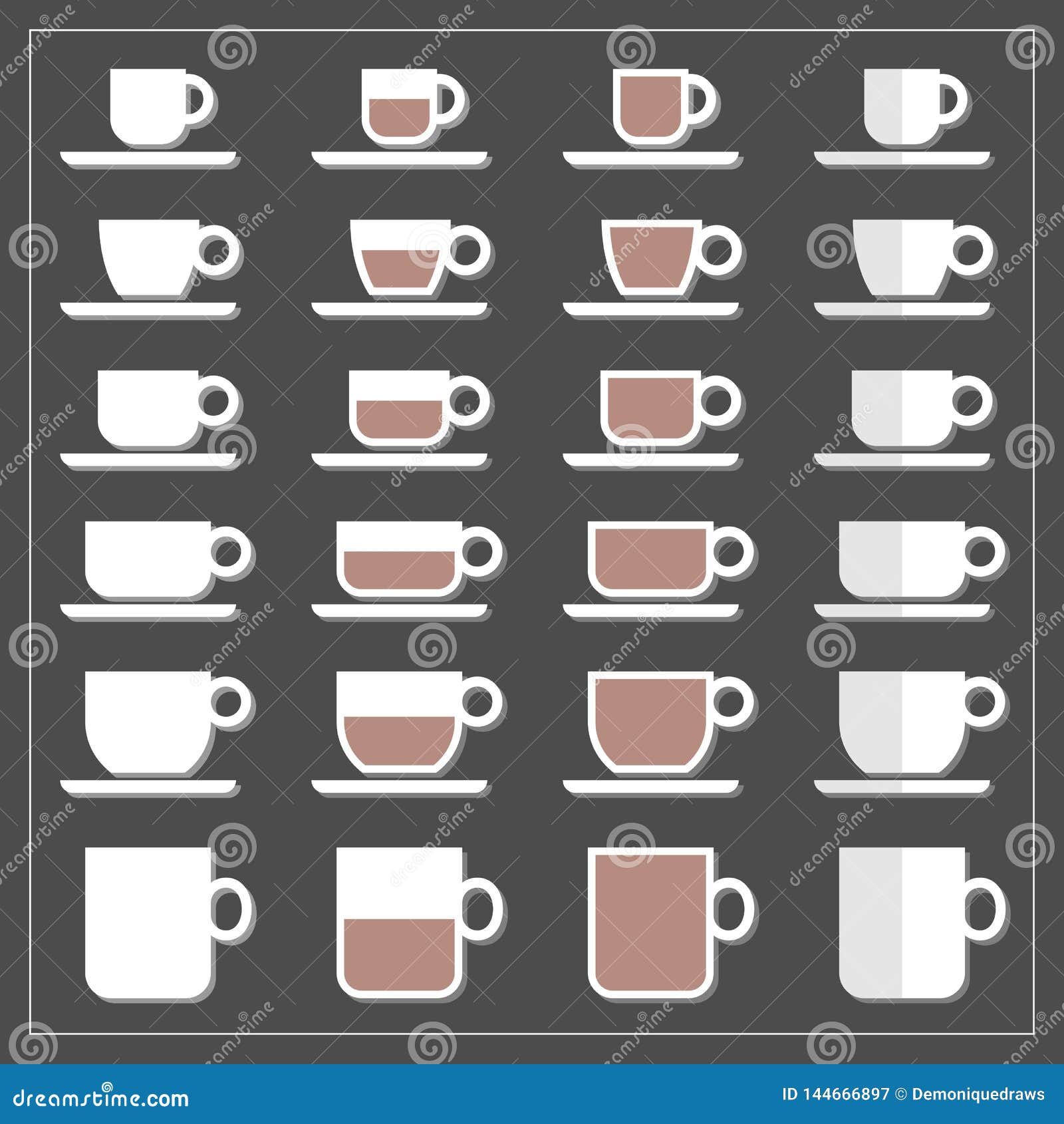 Coffee Tea Cup Mug Empty Half Full Graphic Icon Set on Dark Stock ...