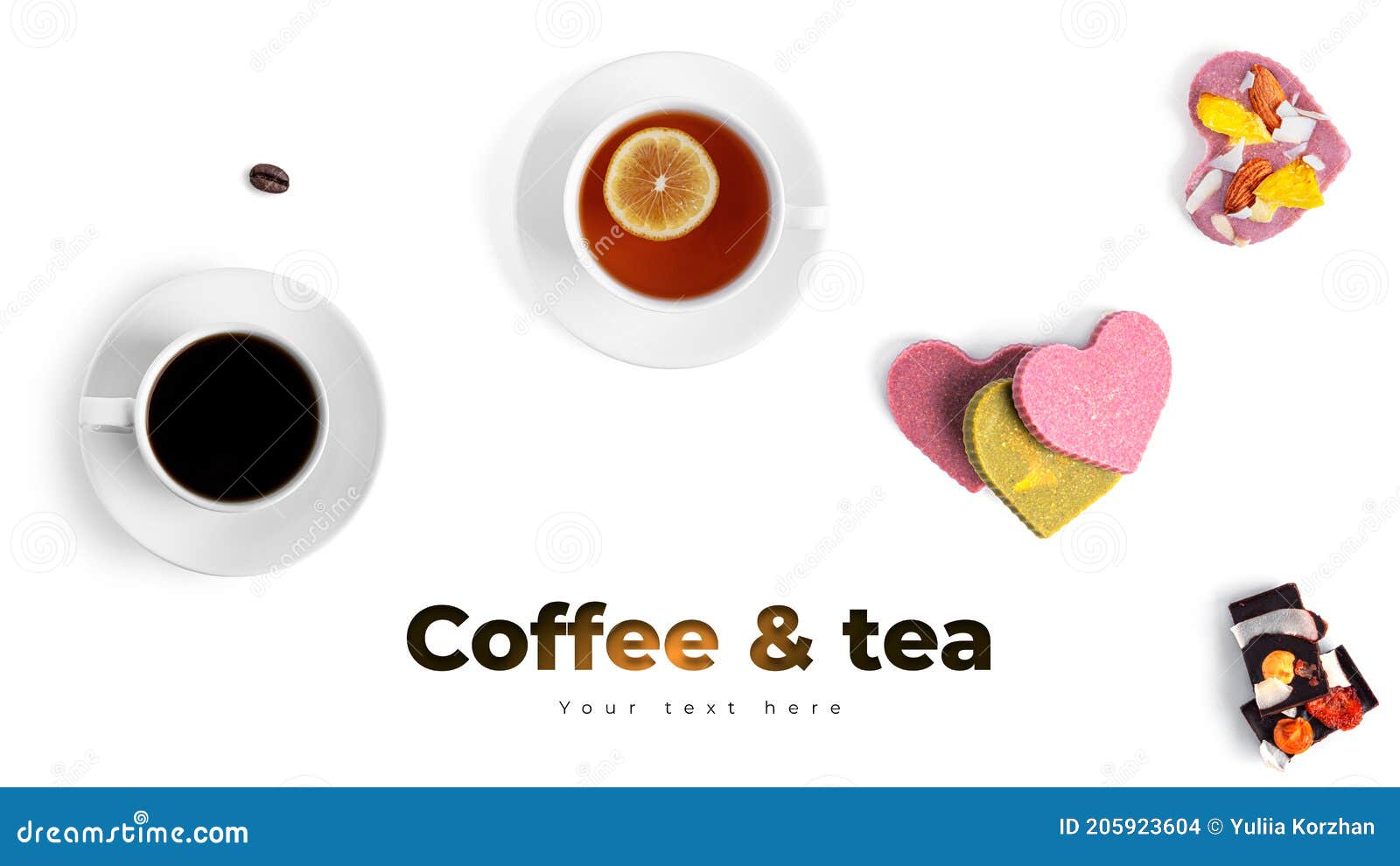 Coffee, Tea and Raw Chocolate on a White Background. Long Header Banner ...