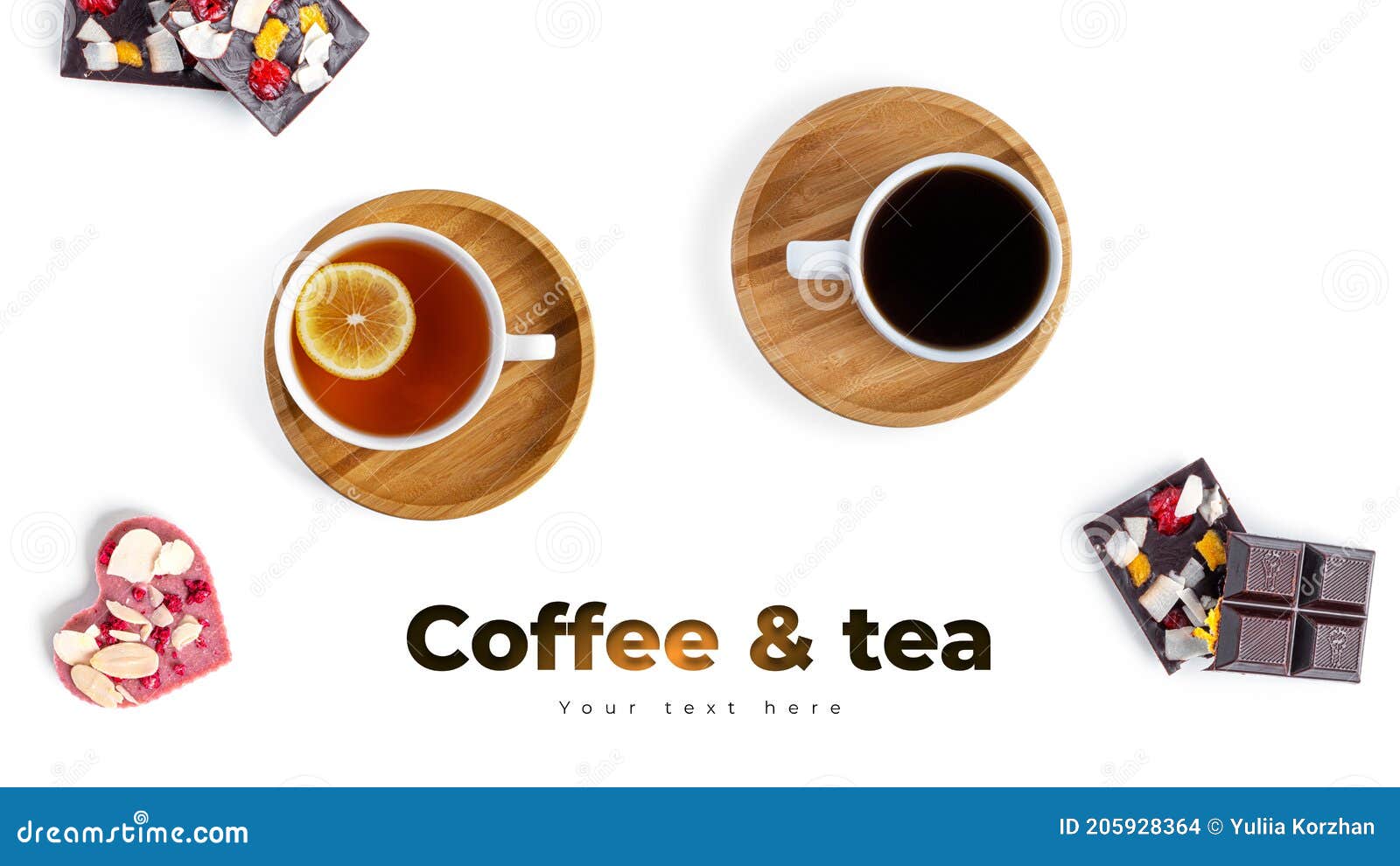 Coffee, Tea and Raw Chocolate on a White Background. Long Header Banner ...
