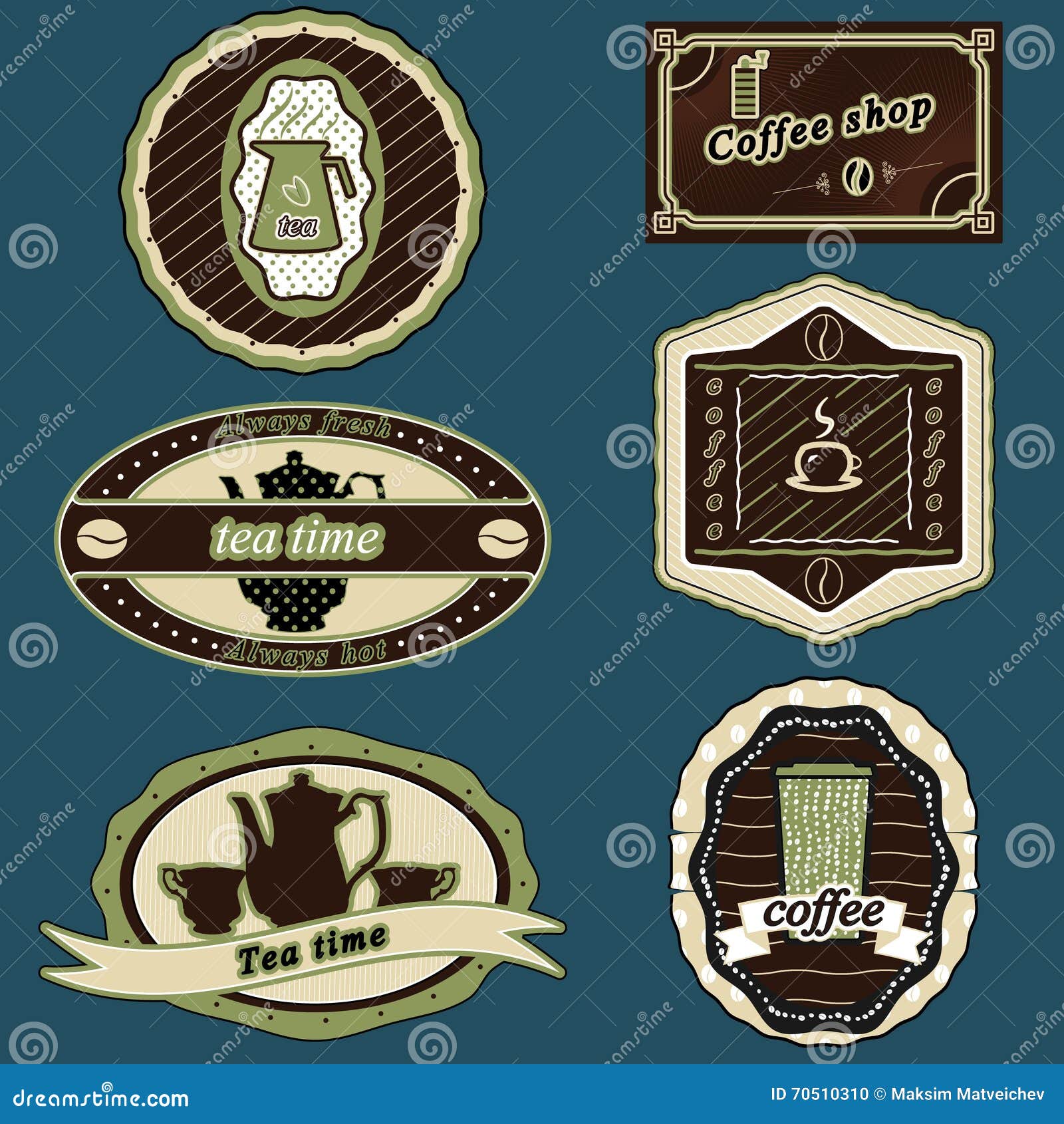 Coffee and Tea Stickers Green Stock Vector - Illustration of retro ...
