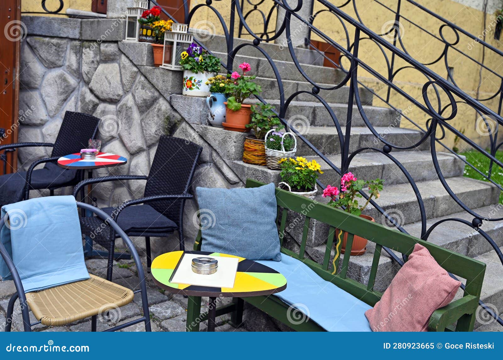 Coffee Terrace and Stairs with Flowers Stock Image - Image of ...