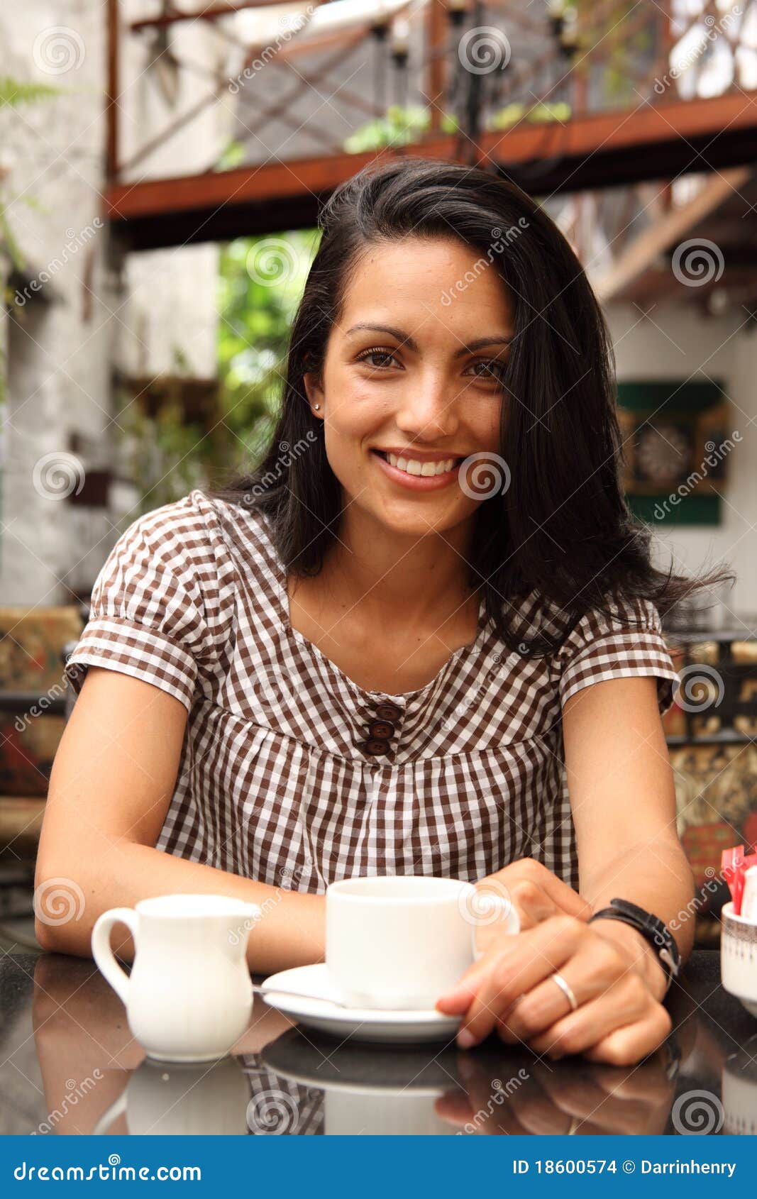 Coffee Time at Cafe for Smiling Young Woman Stock Photo - Image of ...