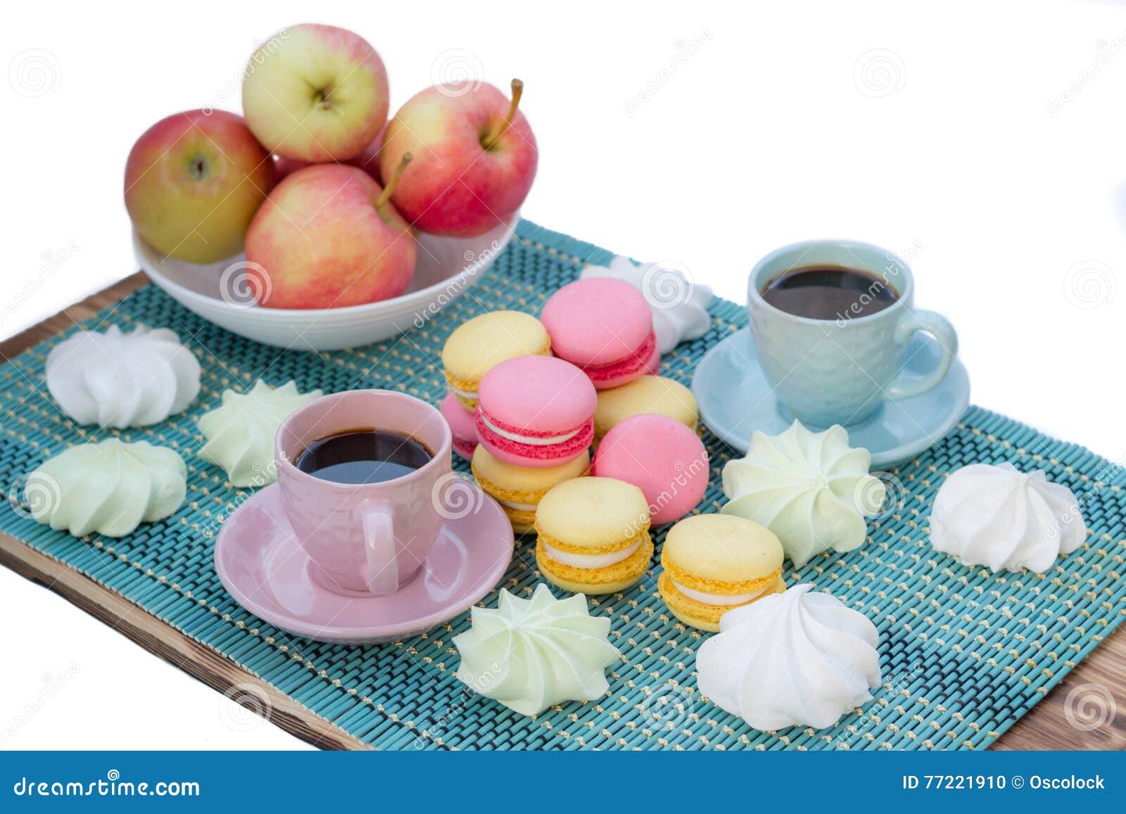 Coffee Time Composition with Cups, Macaroons, Marshmallows, Apples ...