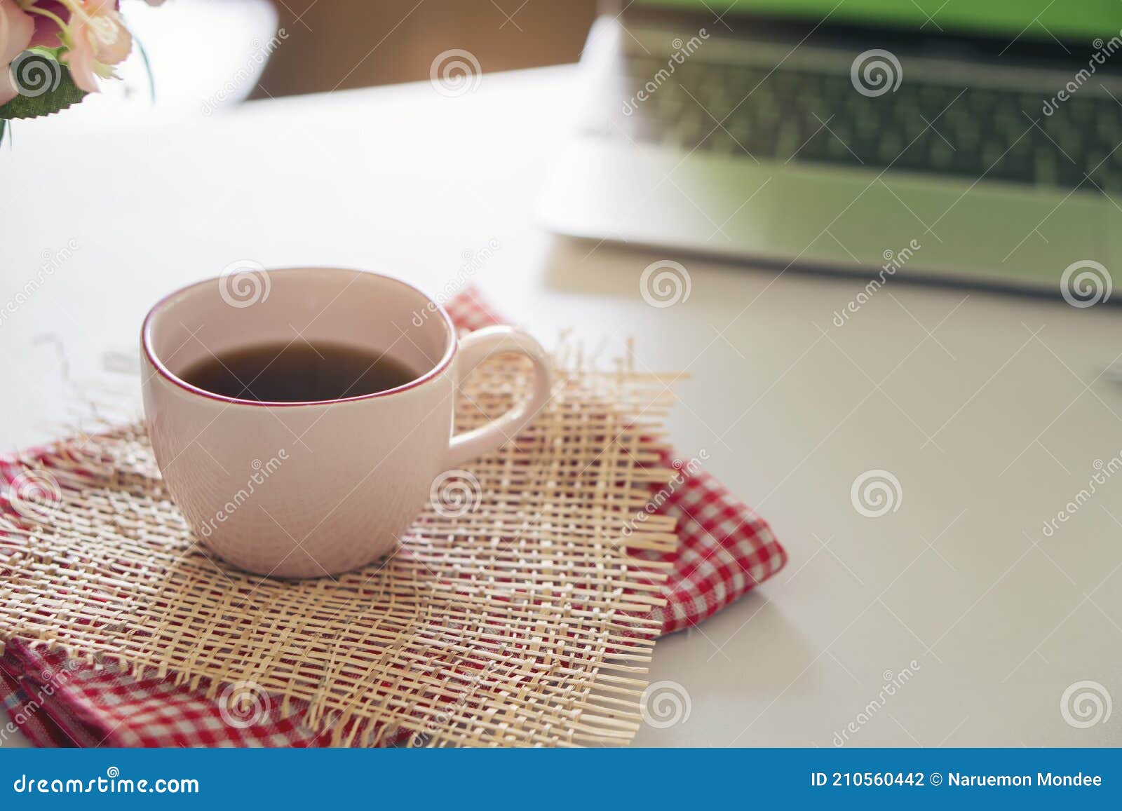 Coffee Time, Cup of Coffee and Laptop Place on White Home Office Stock ...
